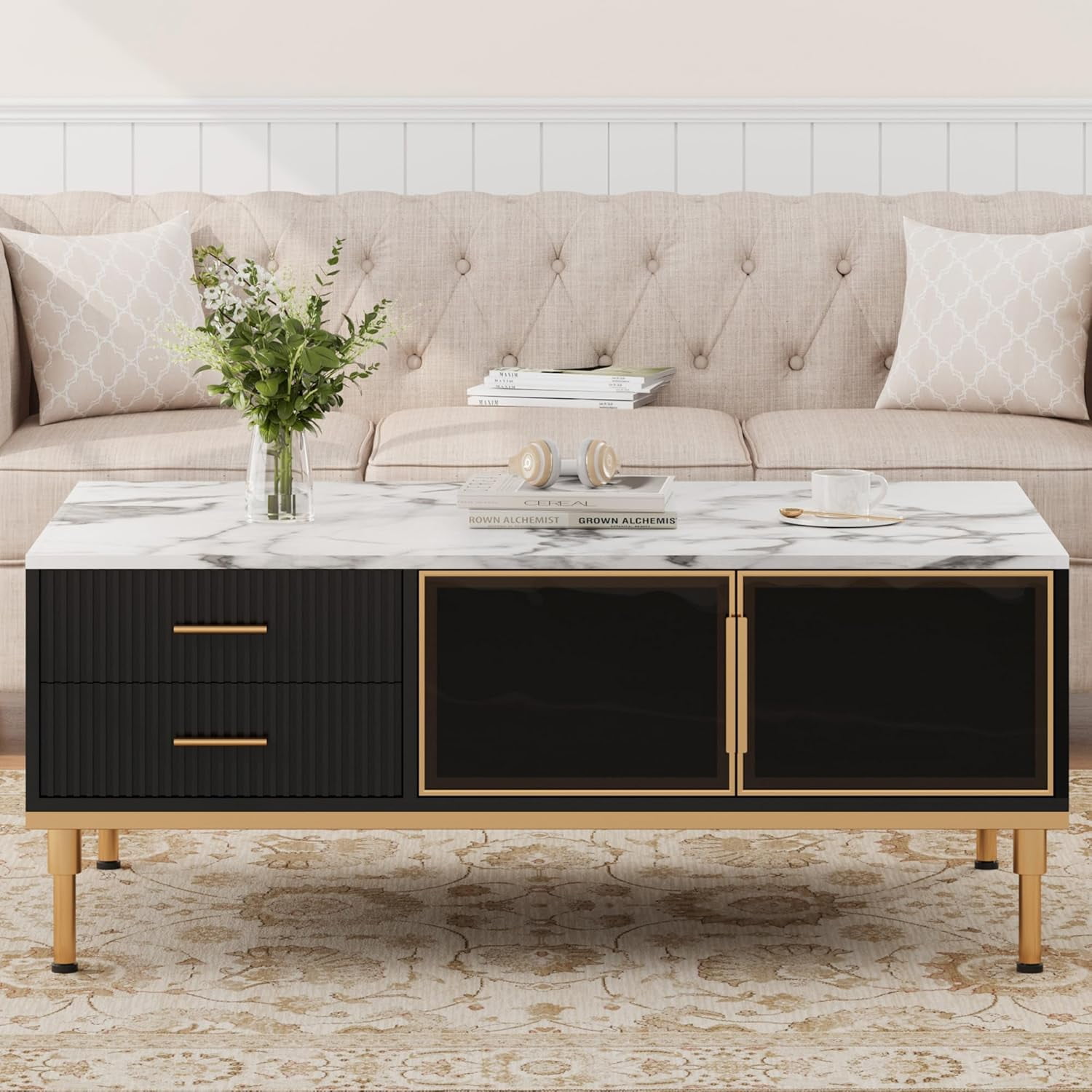 Home Coffee Table with 4 Drawers, Modern Wooden Center Table with Glass ...