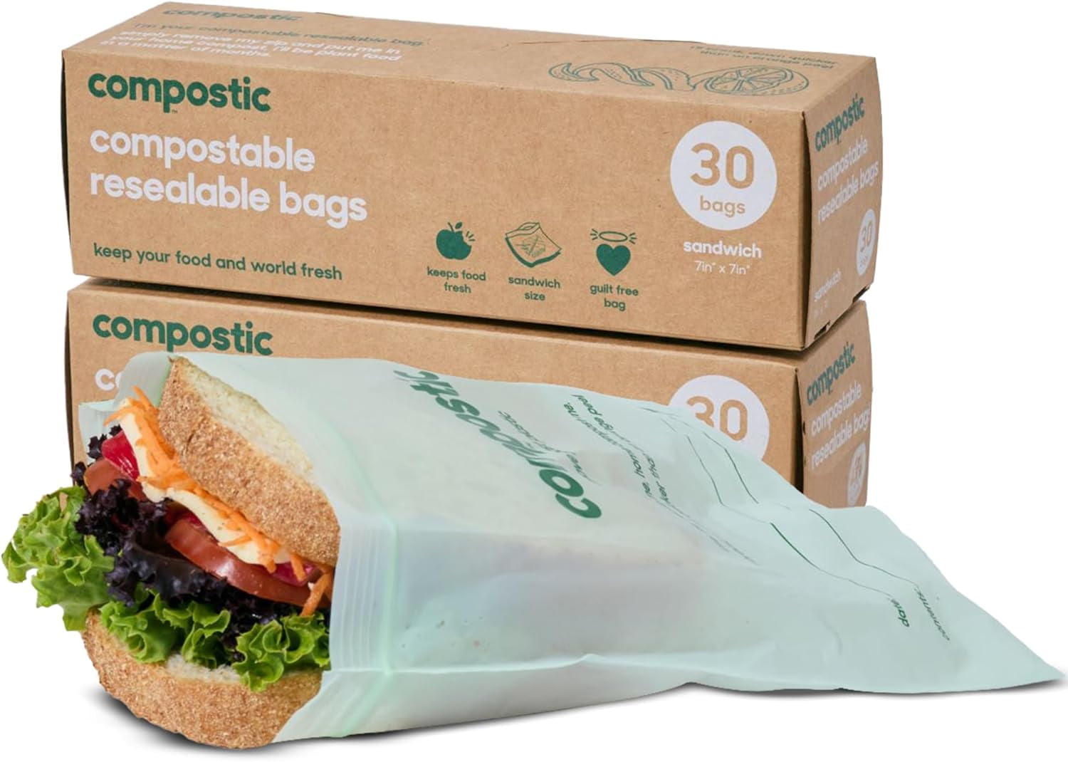 Home Compostable Resealable Sandwich Bags (7"x7"), Microwave & Freezer ...