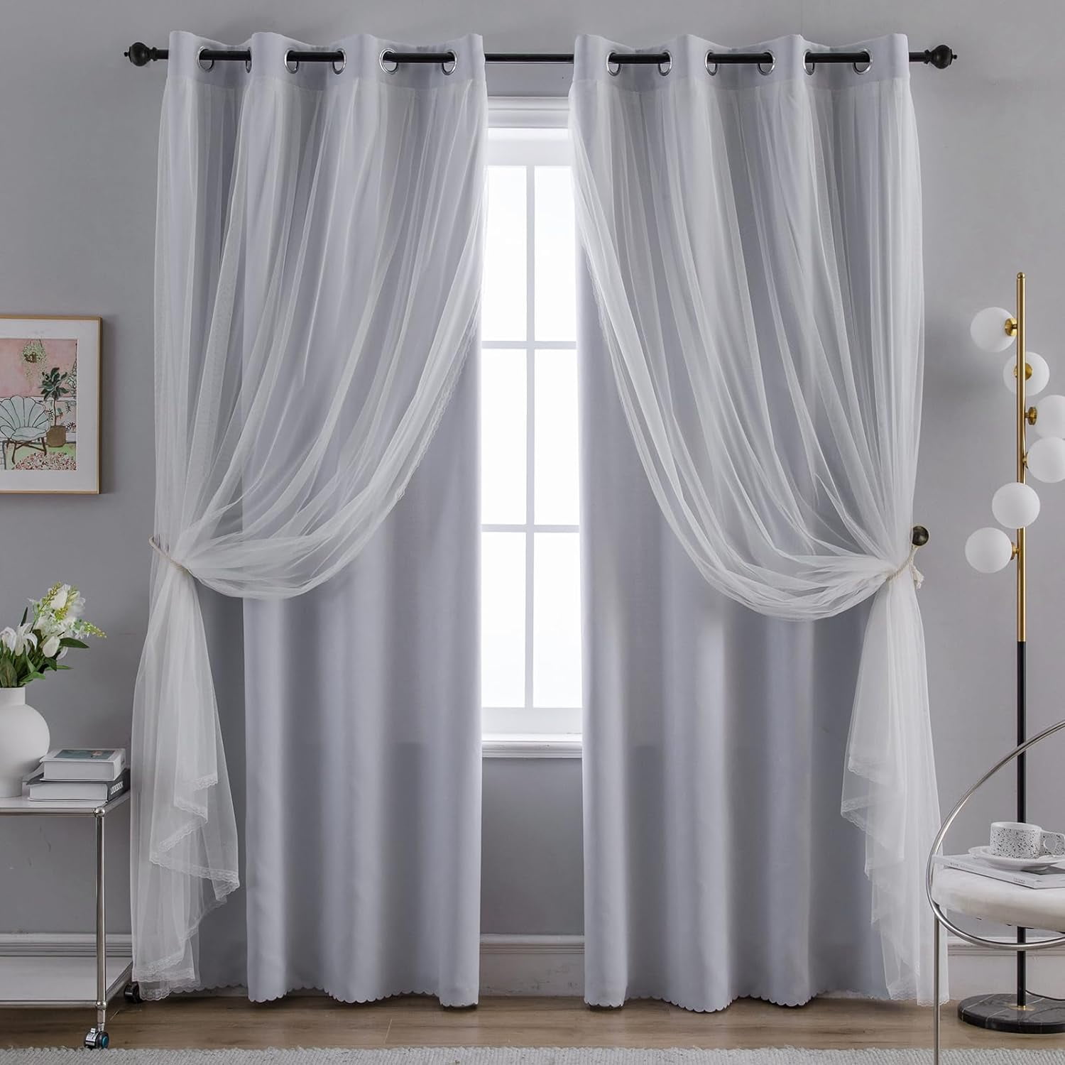 Home Curtains Blackout and Sheer Layered Solid Window Curtain Panel ...
