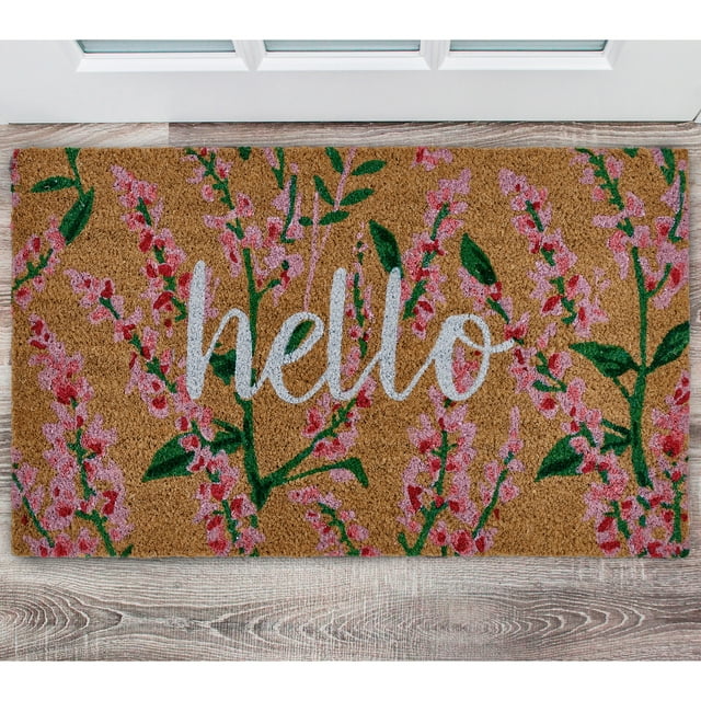 Home Décor Collection Hello Floral Natural/Pink Coir Outdoor Welcome ...