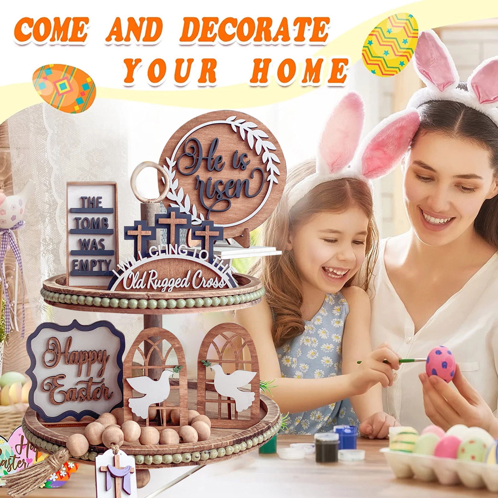 Home Decor 1 Set Of Easter Tiered Tray Decor Easter Table Wooden Sign ...