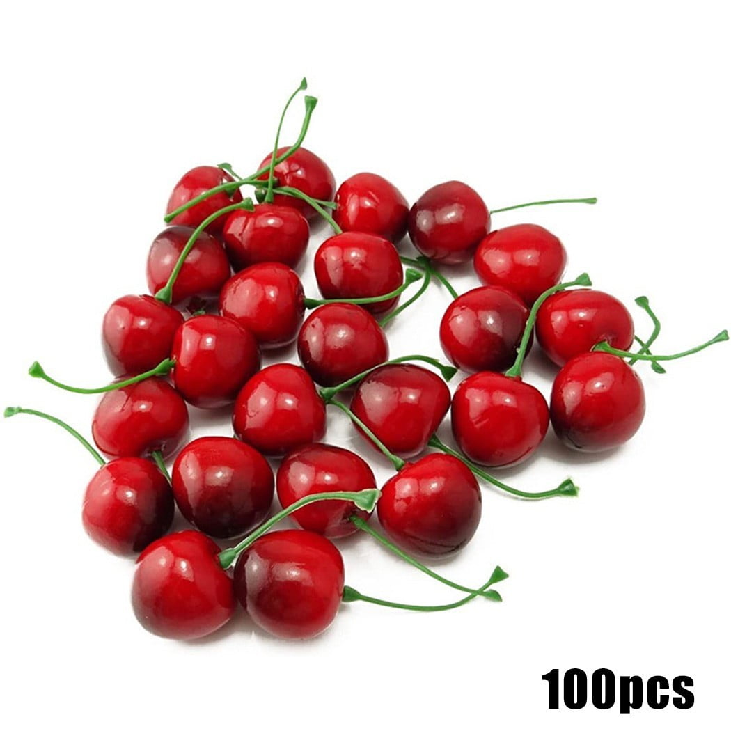 Home Decor 100× Artificial Plastic Cherry Fruit Fake Display for Kitchen Home Foods Decor ...