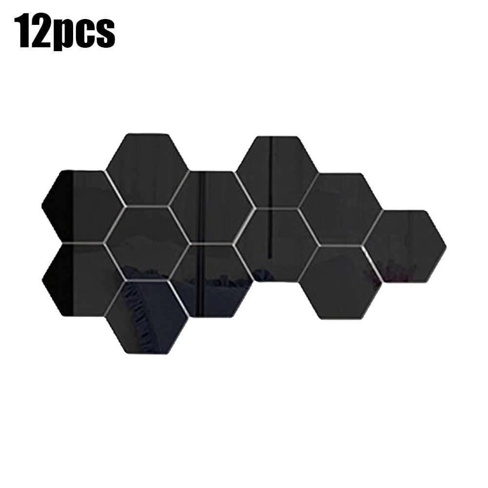 Home Decor 12Pcs Hexagon Mirror Tiles Wall Stickers On Art Decal Black ...