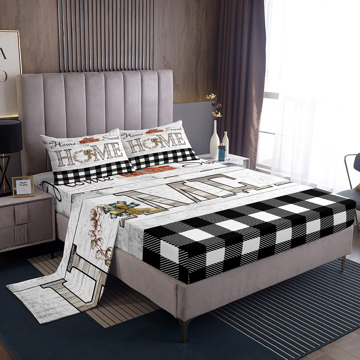 Home Decor Bed Sheets Set Geometric Grid Sheet Set King,Black and White ...