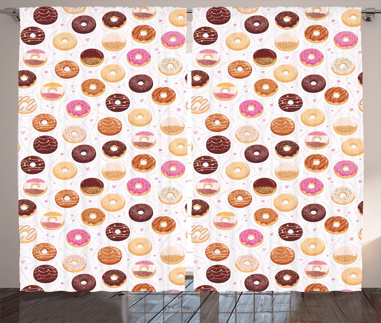Ambesonne Pink Curtains 2 Panel Set, Colorful Yummy Donuts, 108" x 90 ...