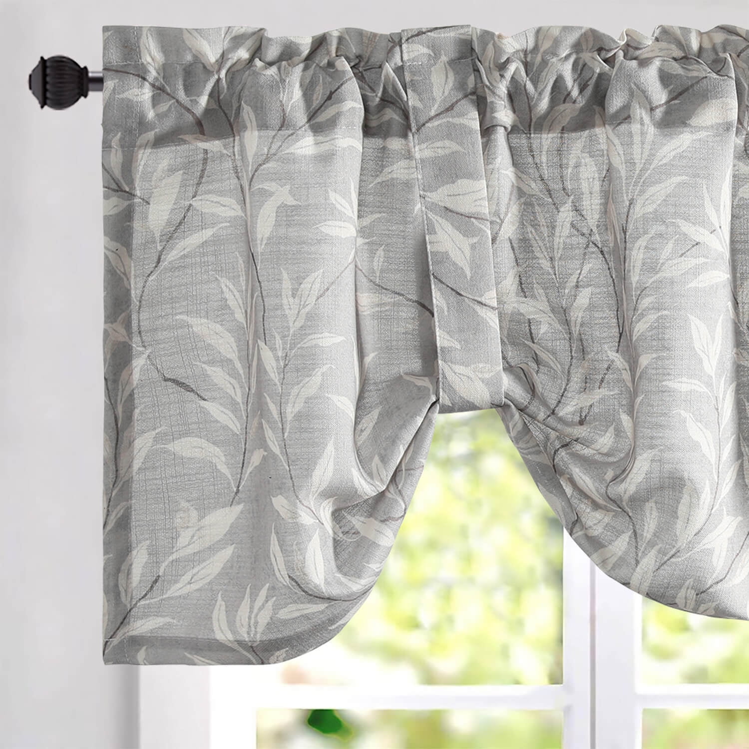 VOGOL 52x18 inch Grey Leaves Pattern Tie-up Curtains, Valances for ...