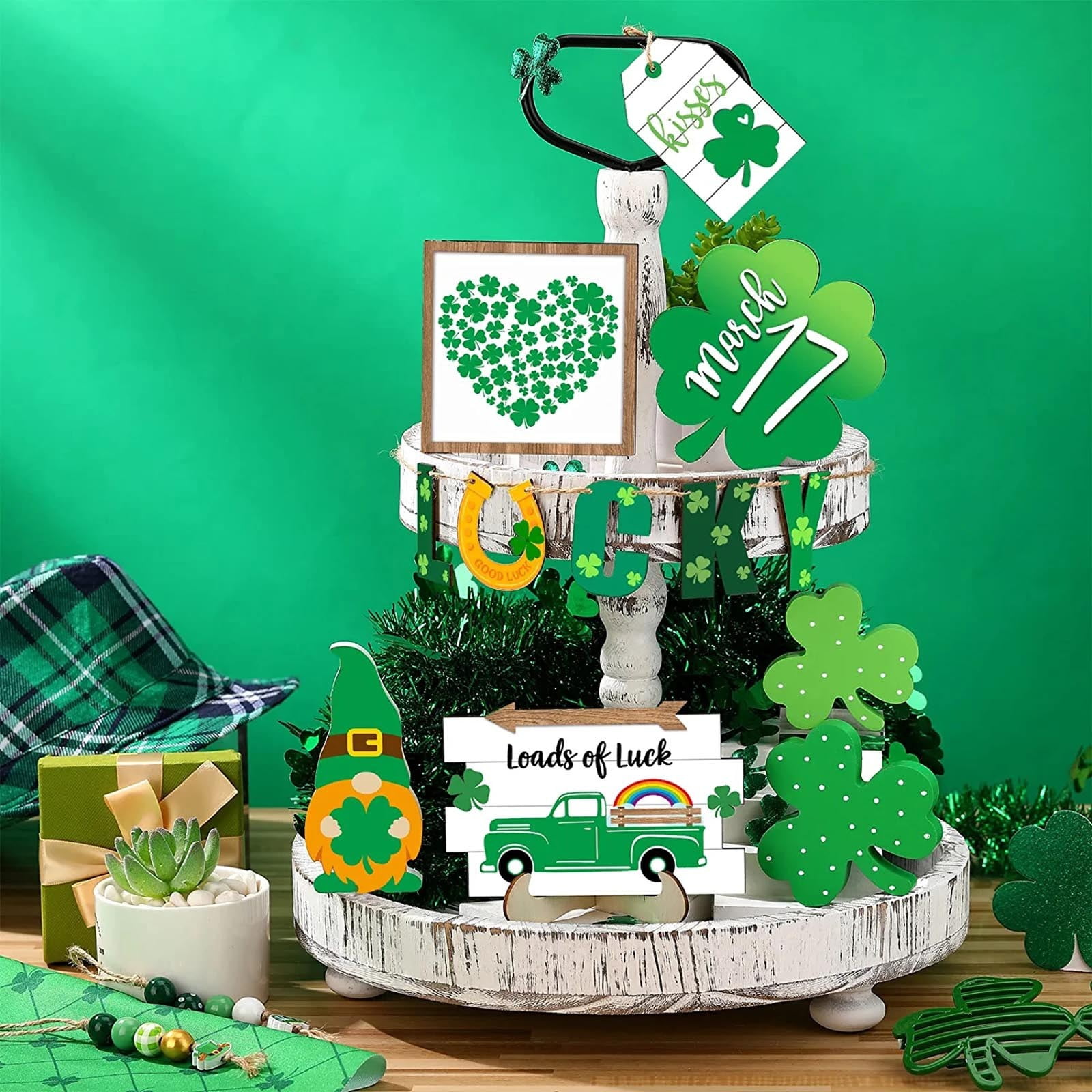 Home Decor St. Patricks Day Tiered Tray Decor Wooden Table Signs Green ...
