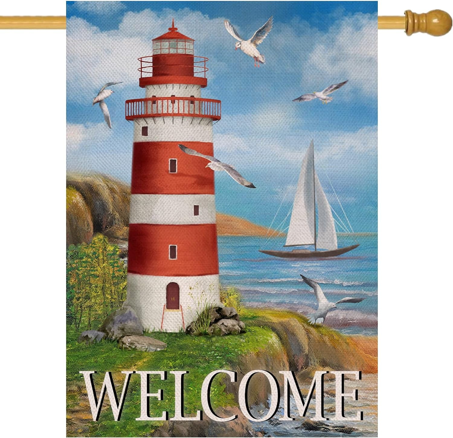Home Decorative Welcome Summer Lighthouse House Flag, Spring Coastal ...
