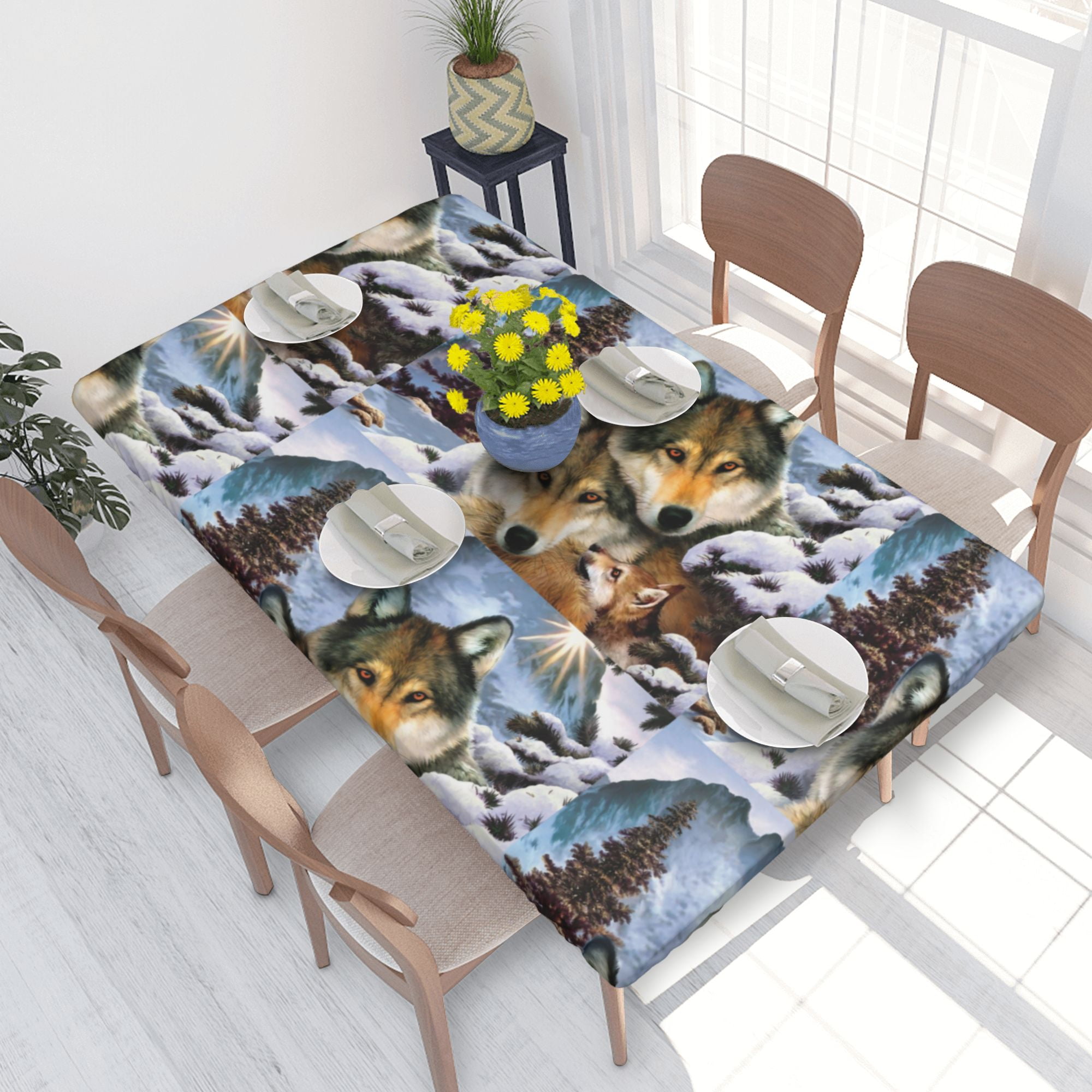 Home Deluxe Tablecloth Alaska Wolf Dog Family Waterproof Elastic Rim ...
