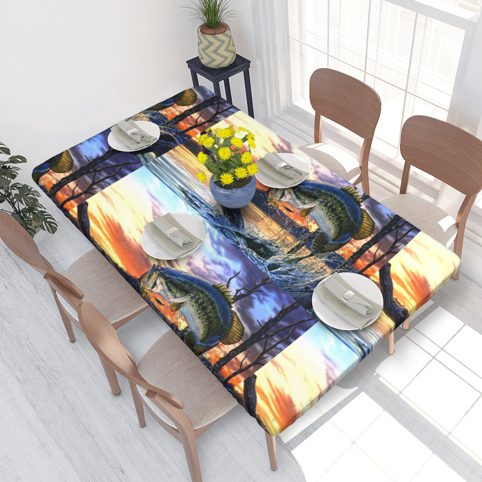 Home Deluxe Tablecloth Bass Fish Jumping Waterproof Elastic Rim Edged ...