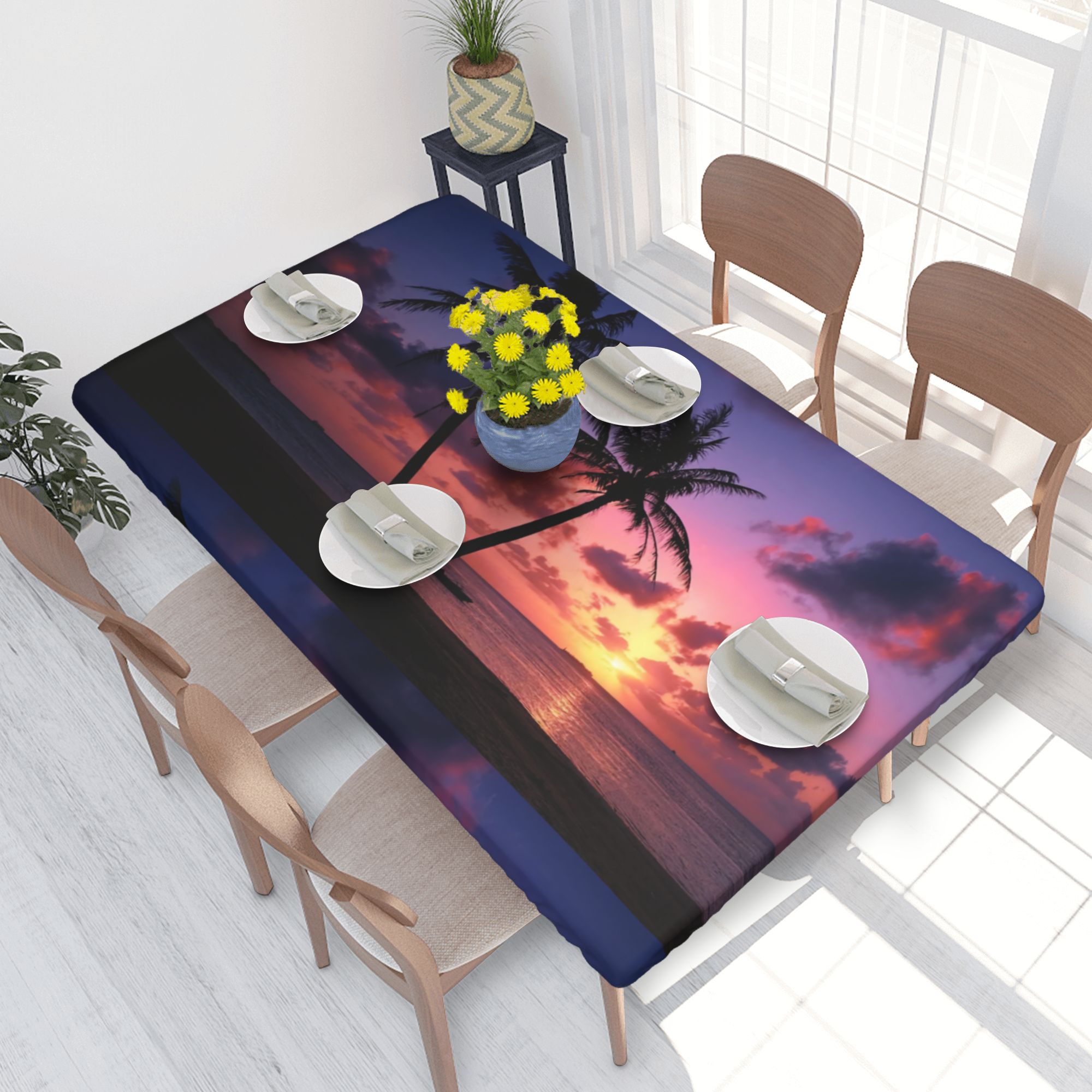 Home Deluxe Tablecloth Beautiful Sunset Palm Tree Waterproof Elastic ...