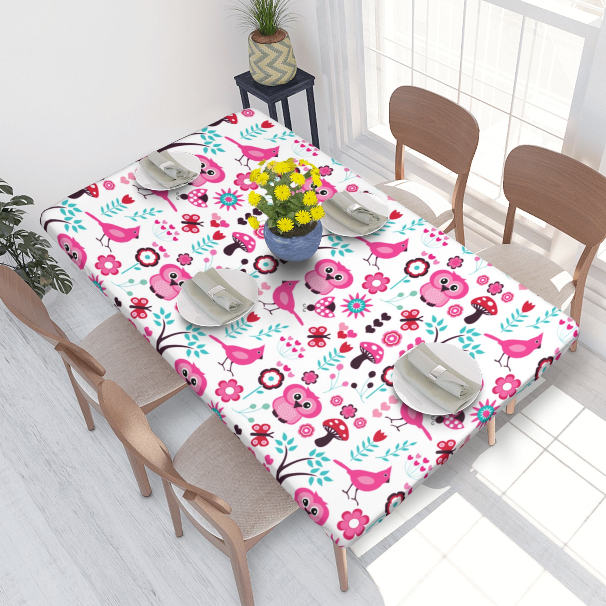 Home Deluxe Tablecloth Birds And Flowers Background Waterproof Elastic ...