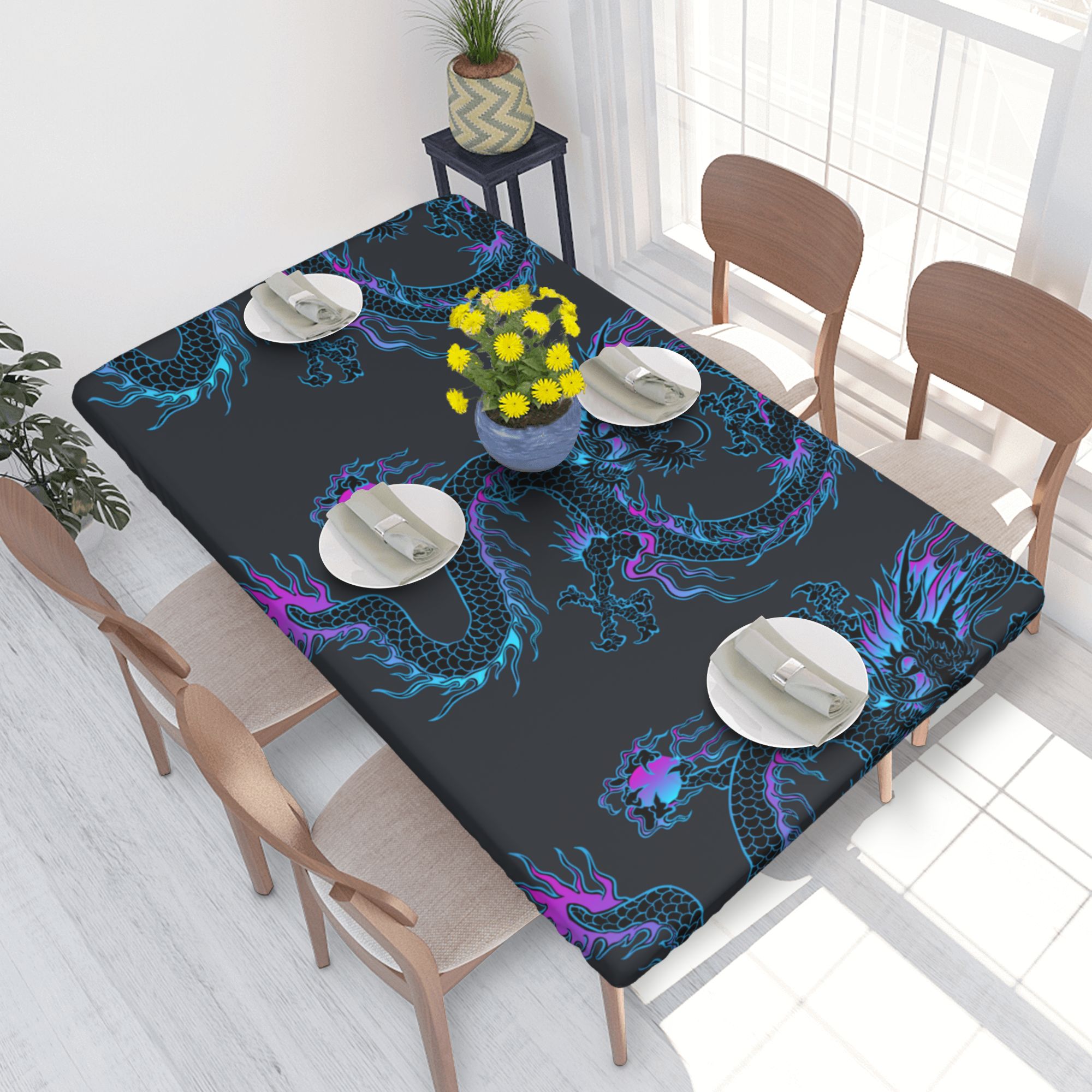 Home Deluxe Tablecloth Blue Dragon Waterproof Elastic Rim Edged Table ...