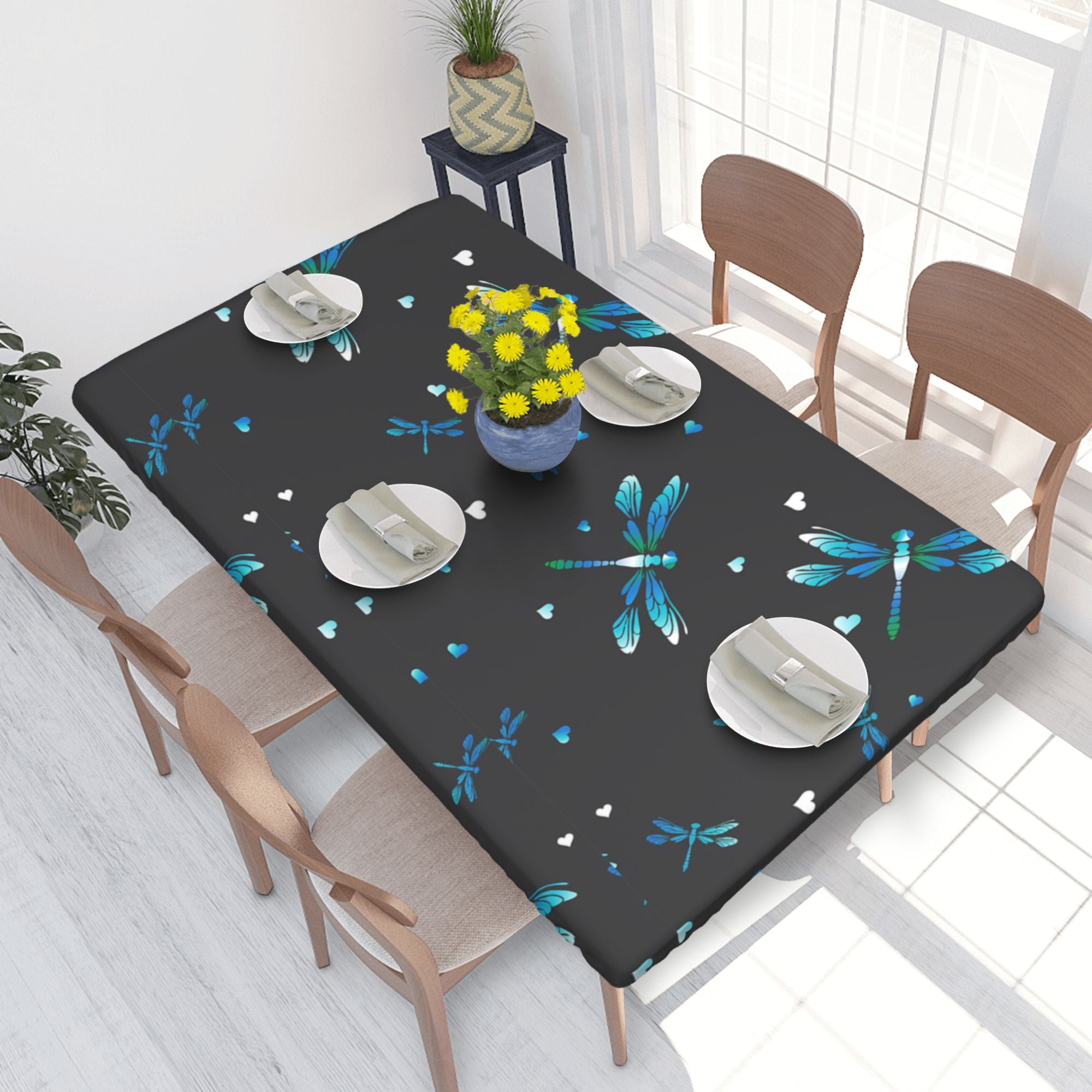 Home Deluxe Tablecloth Blue Dragonflies Waterproof Elastic Rim Edged ...