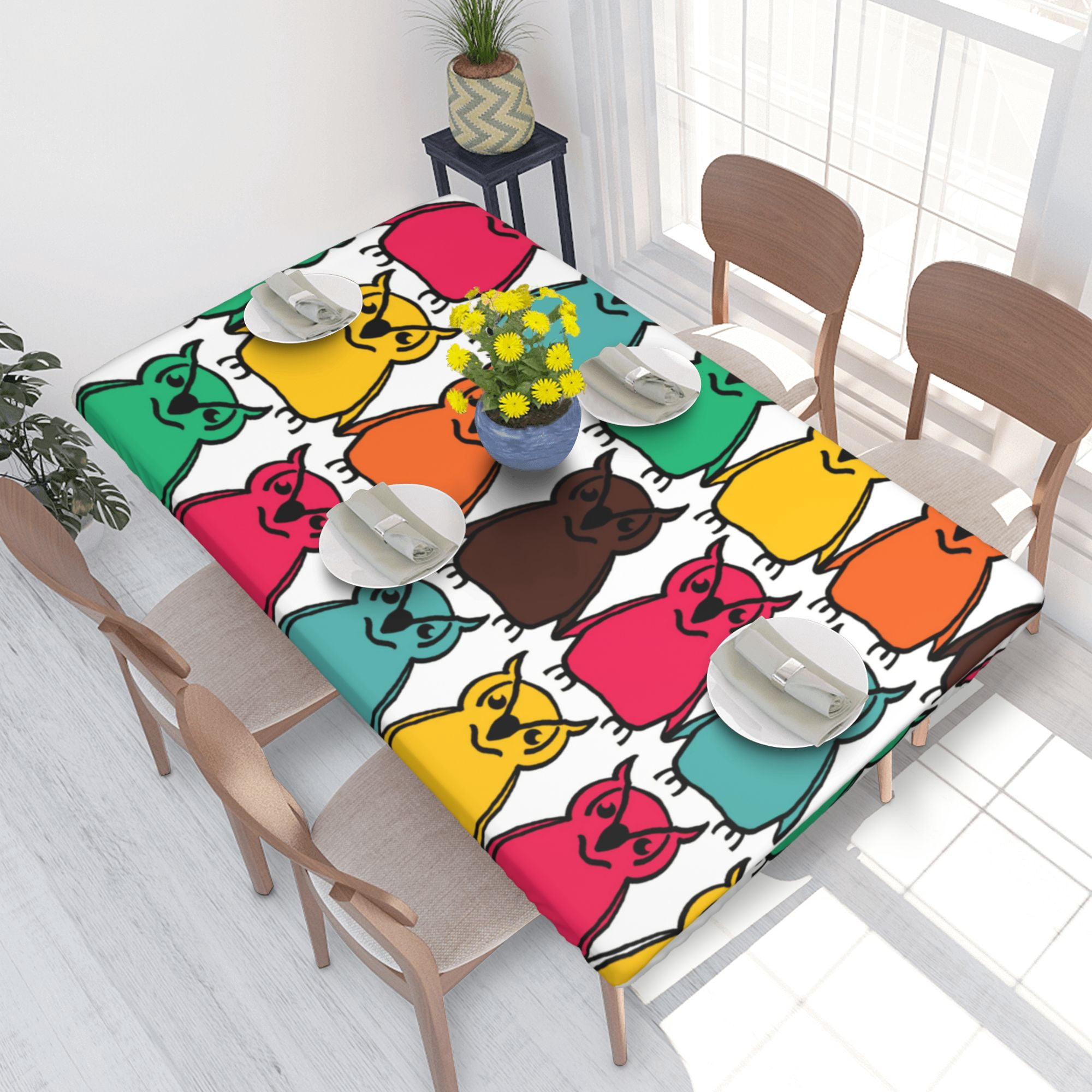 Home Deluxe Tablecloth Bold Colored Owl Background Waterproof Elastic ...
