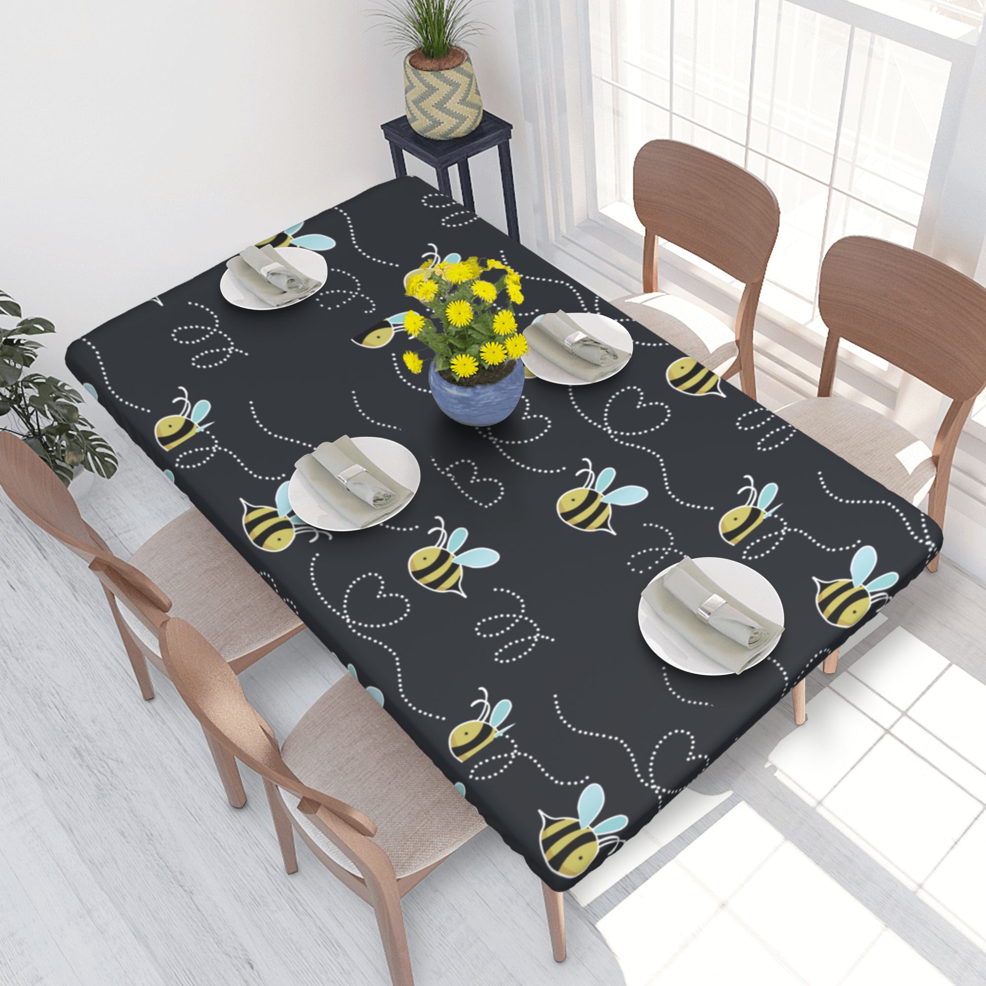Home Deluxe Tablecloth Bumblebees Waterproof Elastic Rim Edged Table Cover- For Christmas ...
