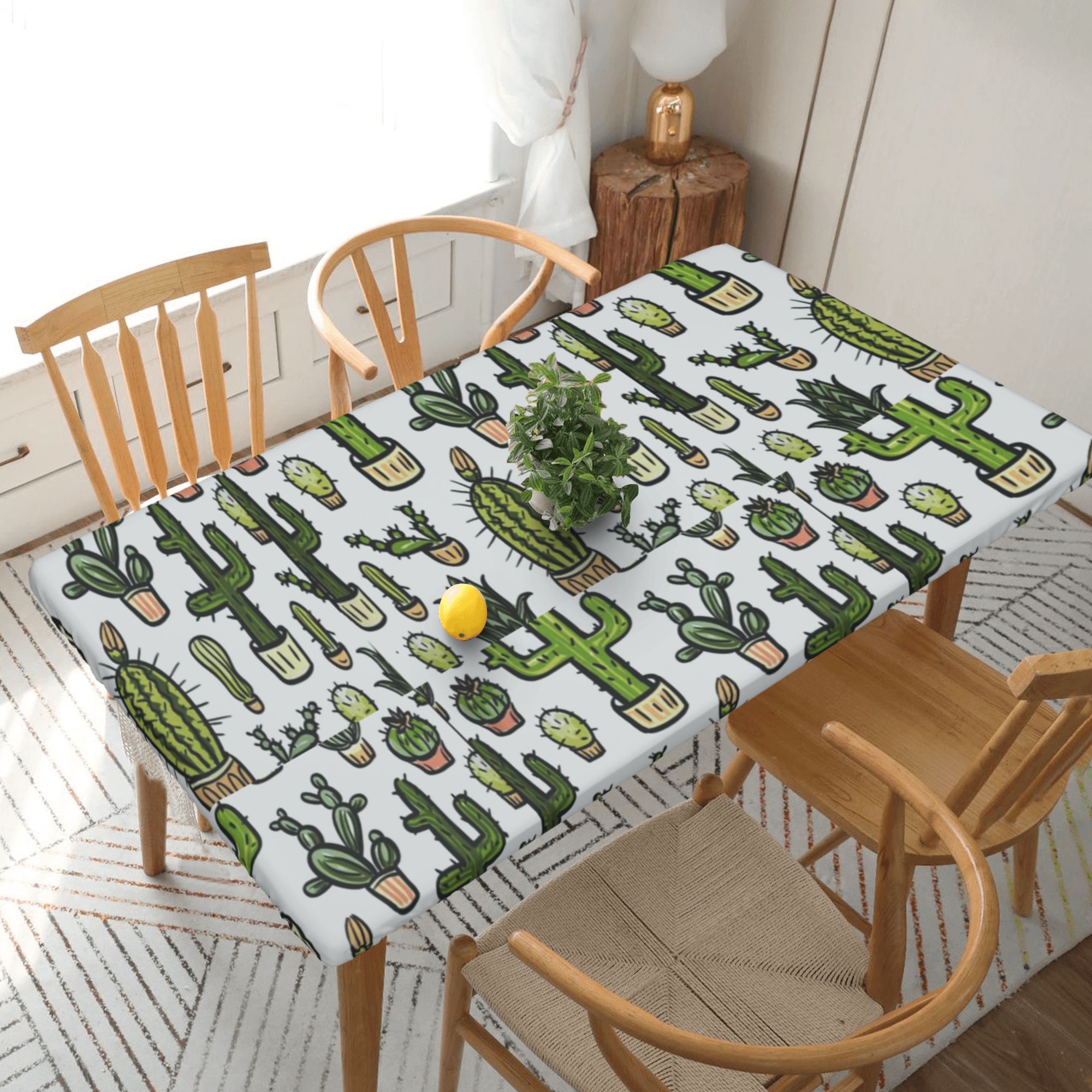 Home Deluxe Tablecloth Cactus Hand Drawn Pattern Waterproof Elastic Rim ...