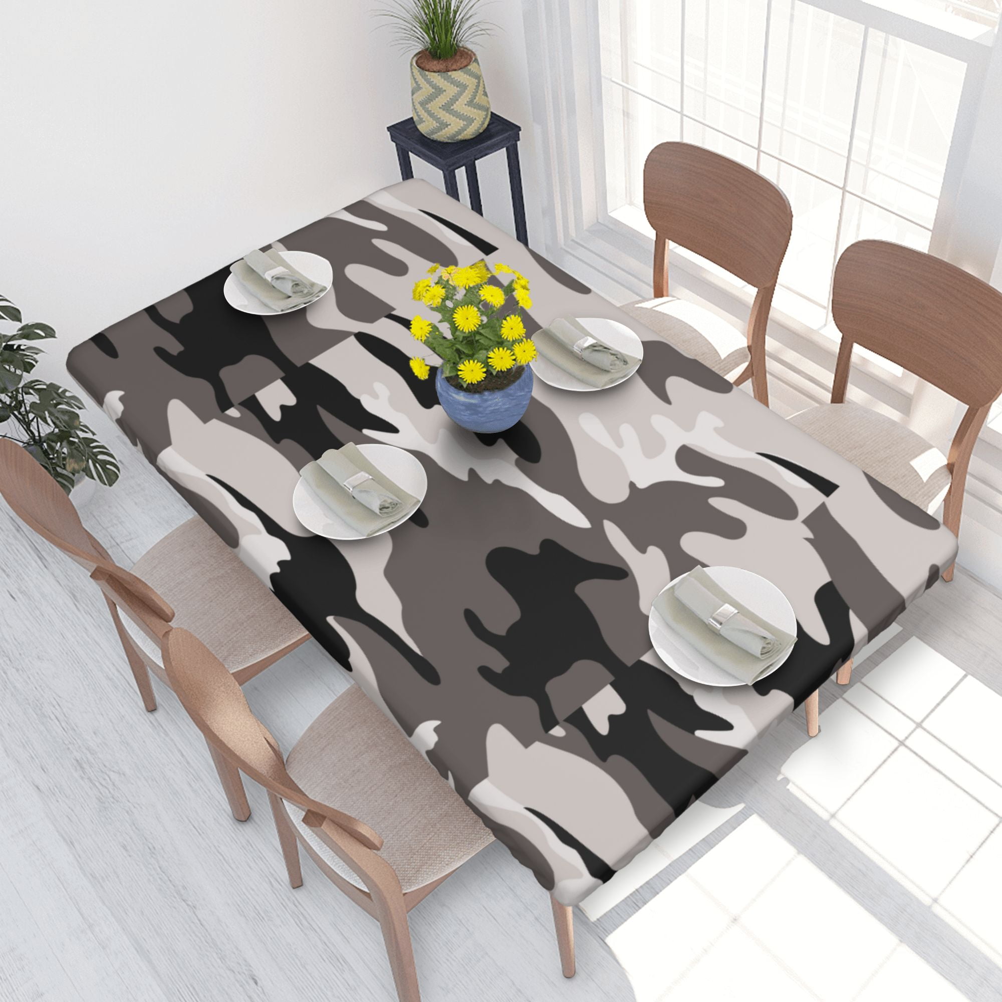 Home Deluxe Tablecloth Camouflage Gray1 Waterproof Elastic Rim Edged ...