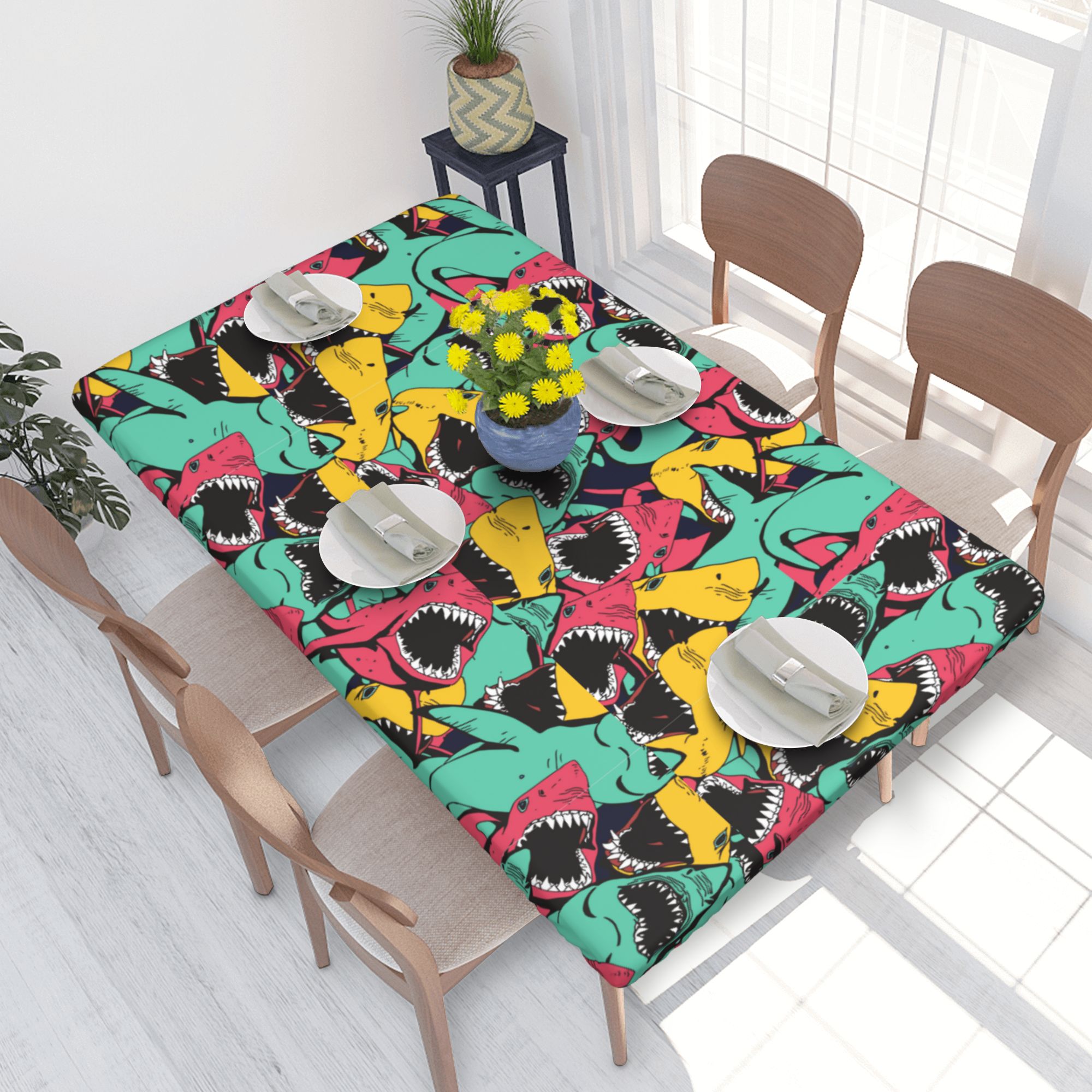 Home Deluxe Tablecloth Cartoon Colorful Shark Waterproof Elastic Rim ...