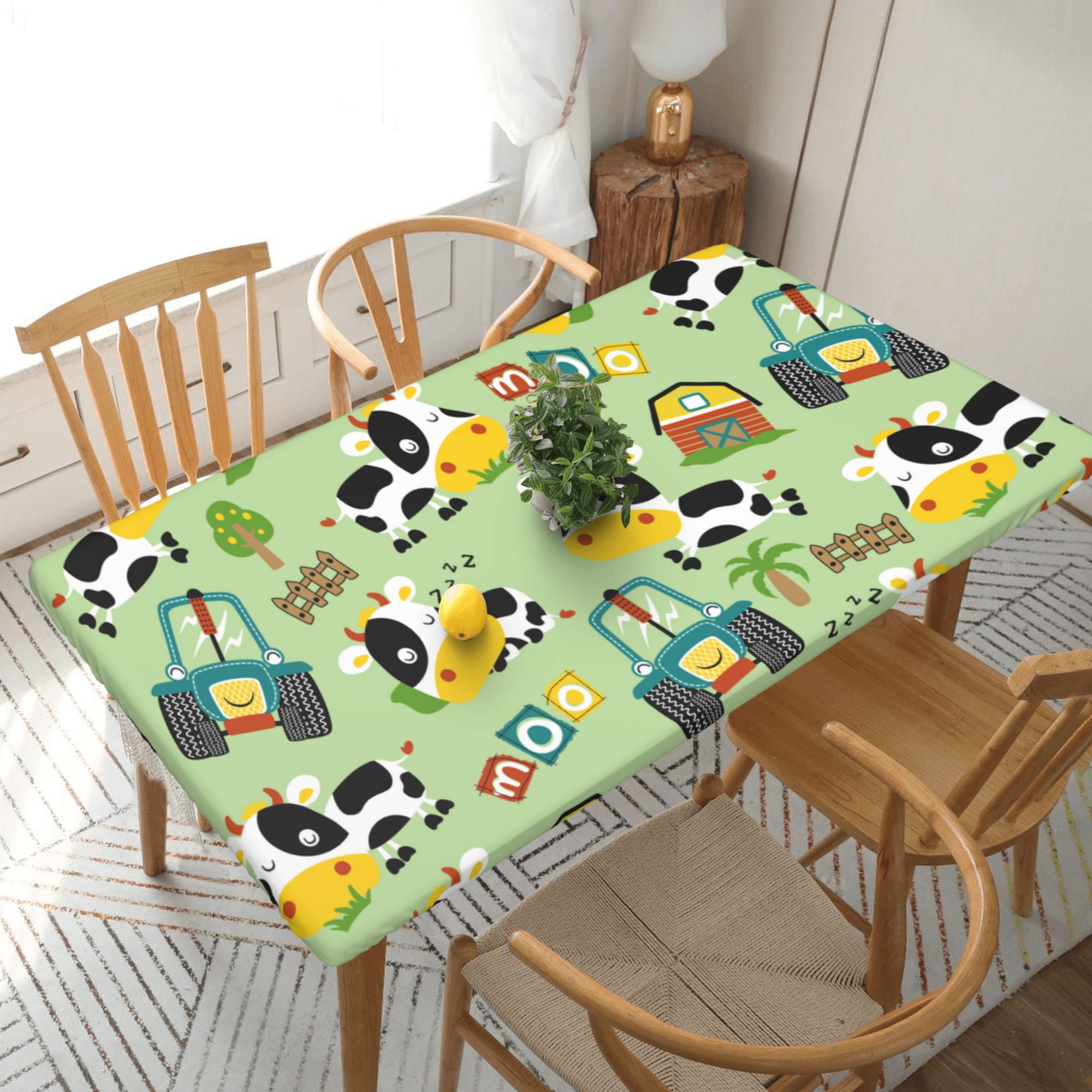 Home Deluxe Tablecloth Cartoon Cow Waterproof Elastic Rim Edged Table ...