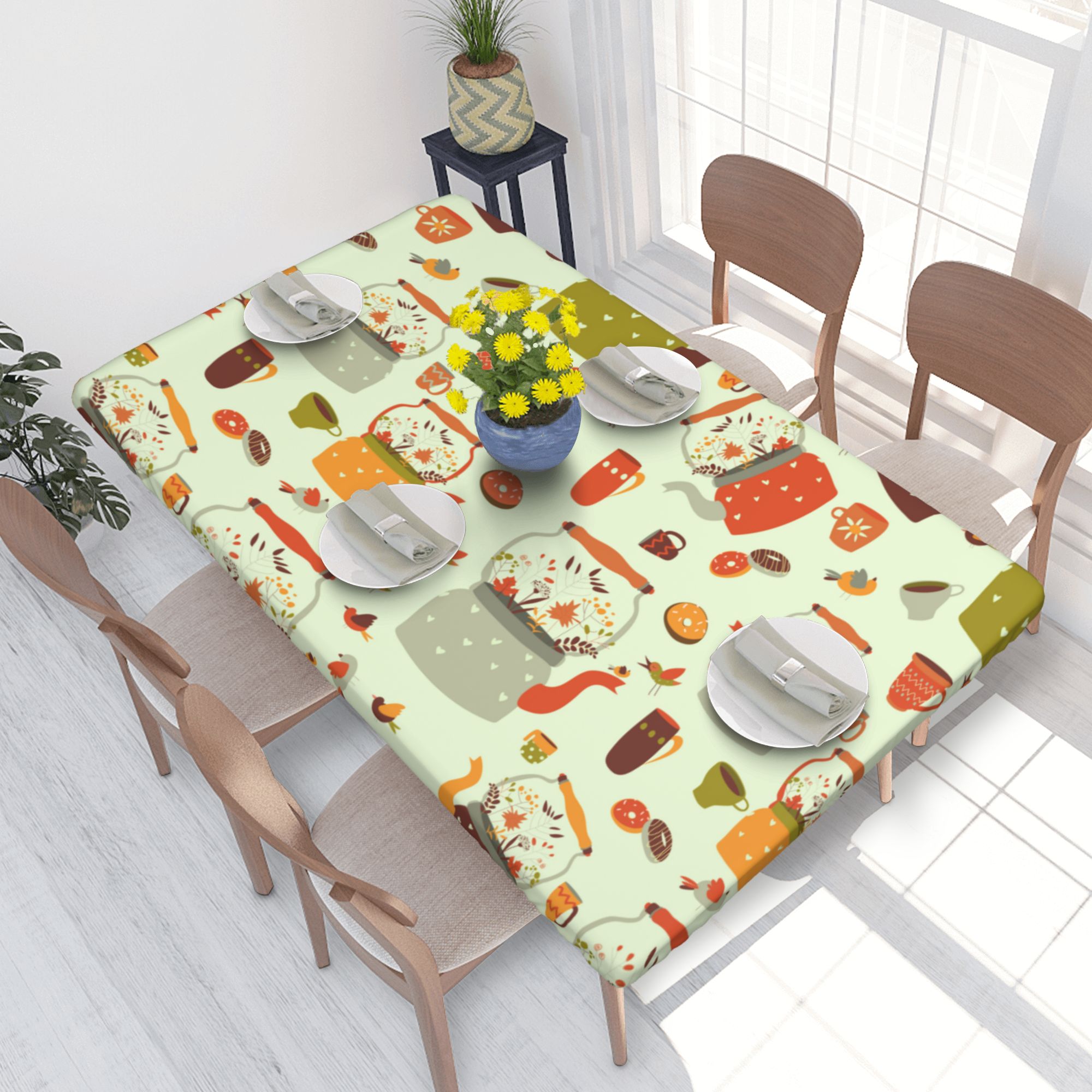 Home Deluxe Tablecloth Cartoon Kettle Flower Pot Waterproof Elastic Rim ...