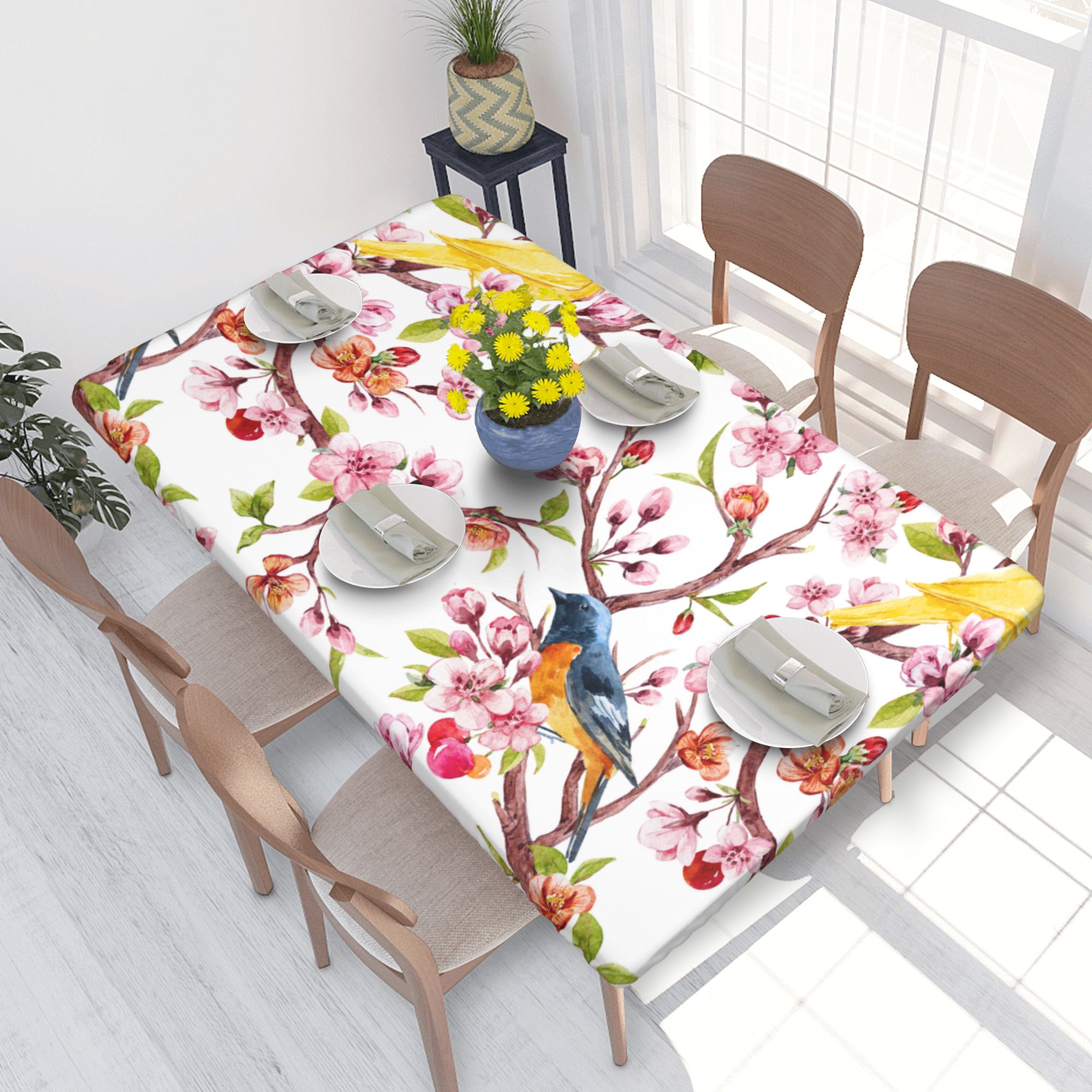 Home Deluxe Tablecloth Cherry Blossom Bird Waterproof Elastic Rim Edged ...