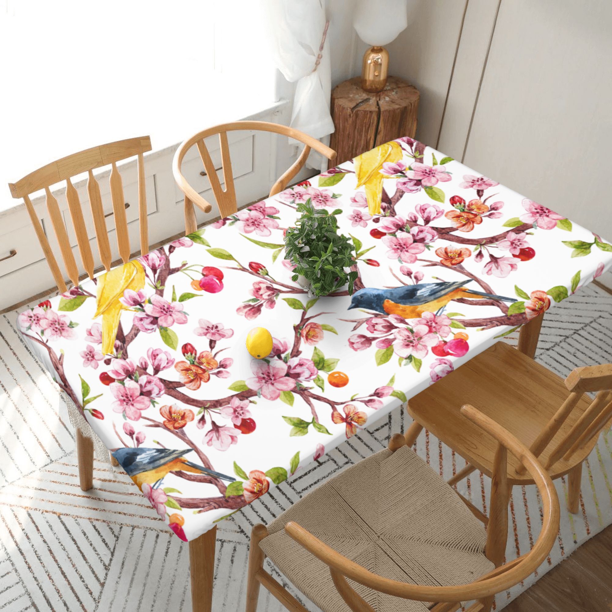 Home Deluxe Tablecloth Cherry Blossom Bird Waterproof Elastic Rim Edged ...