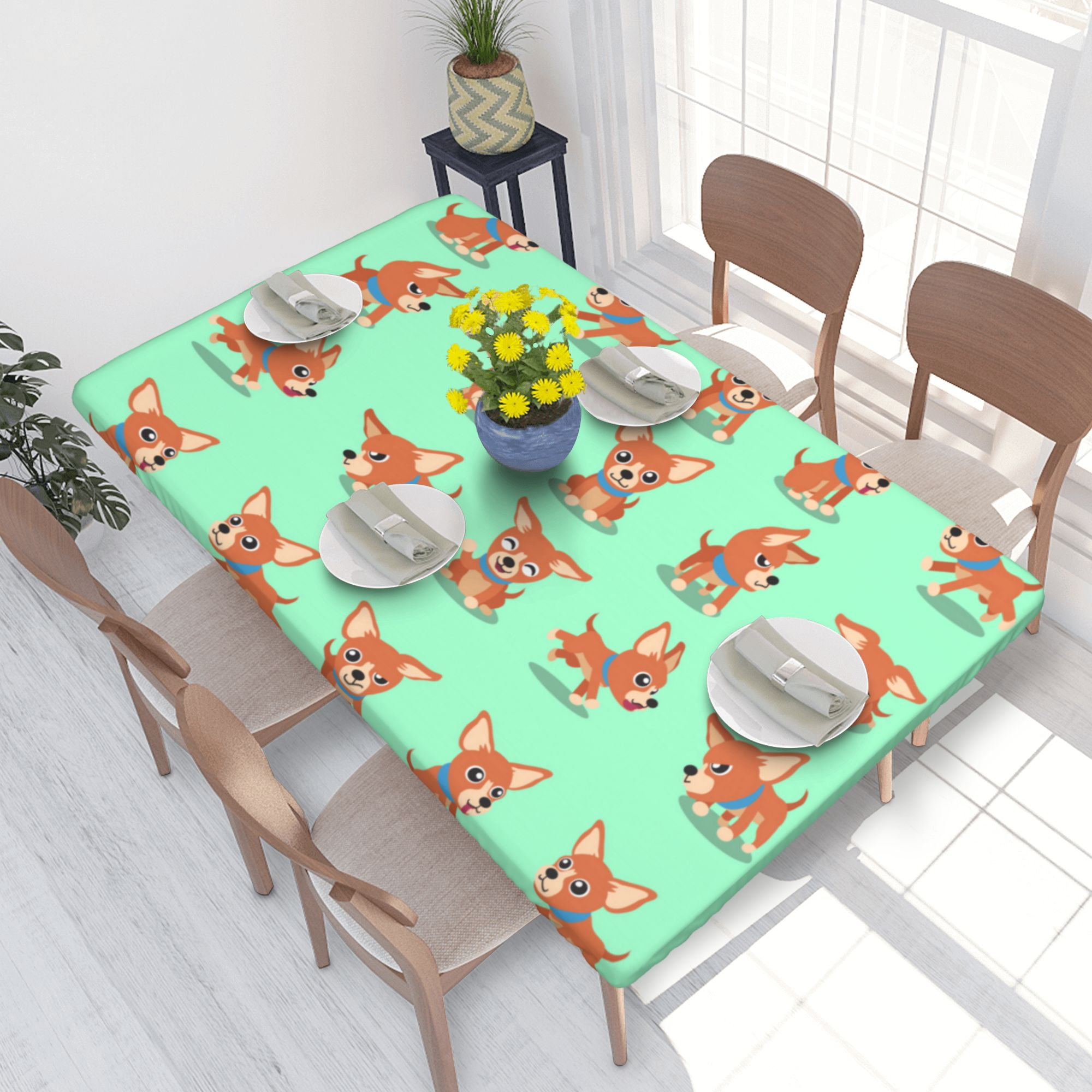 Home Deluxe Tablecloth Chihuahua Dog Poses Waterproof Elastic Rim Edged ...