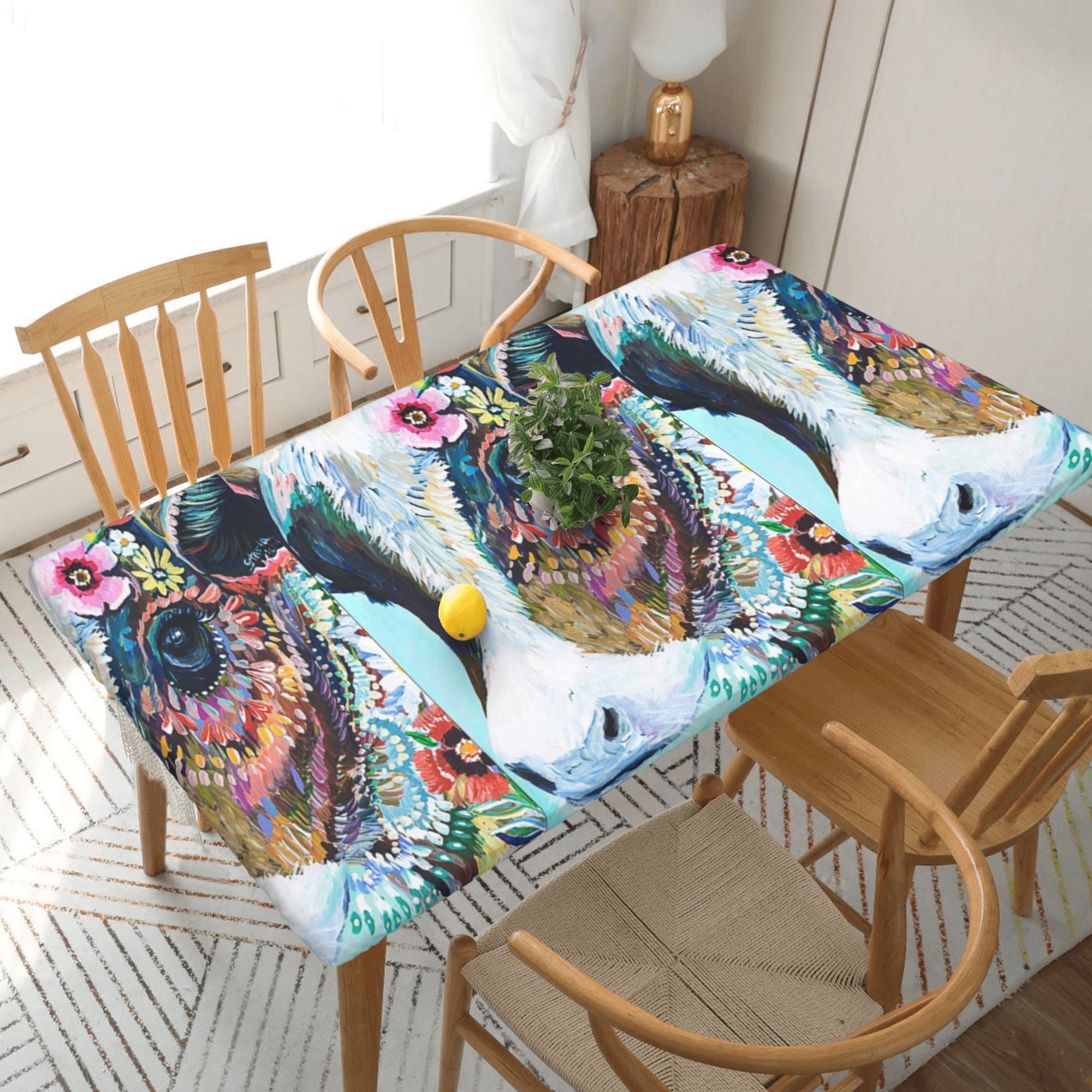 Home Deluxe Tablecloth Colorful Animal Cow Waterproof Elastic Rim Edged ...
