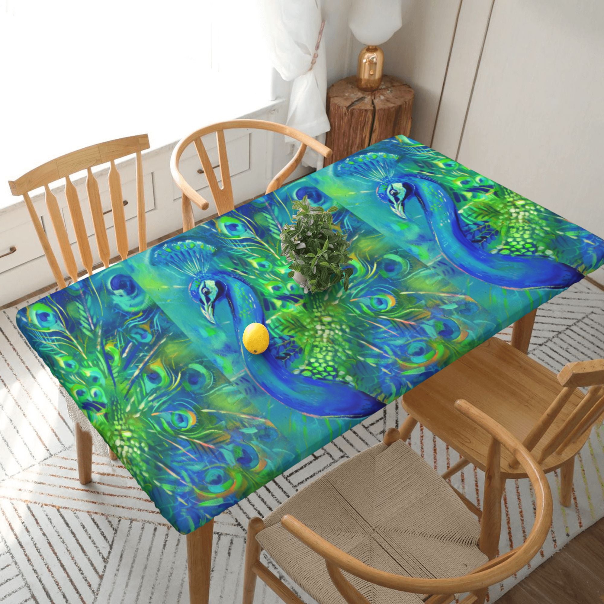 Home Deluxe Tablecloth Colorful Feather Peacock Bird Waterproof Elastic ...