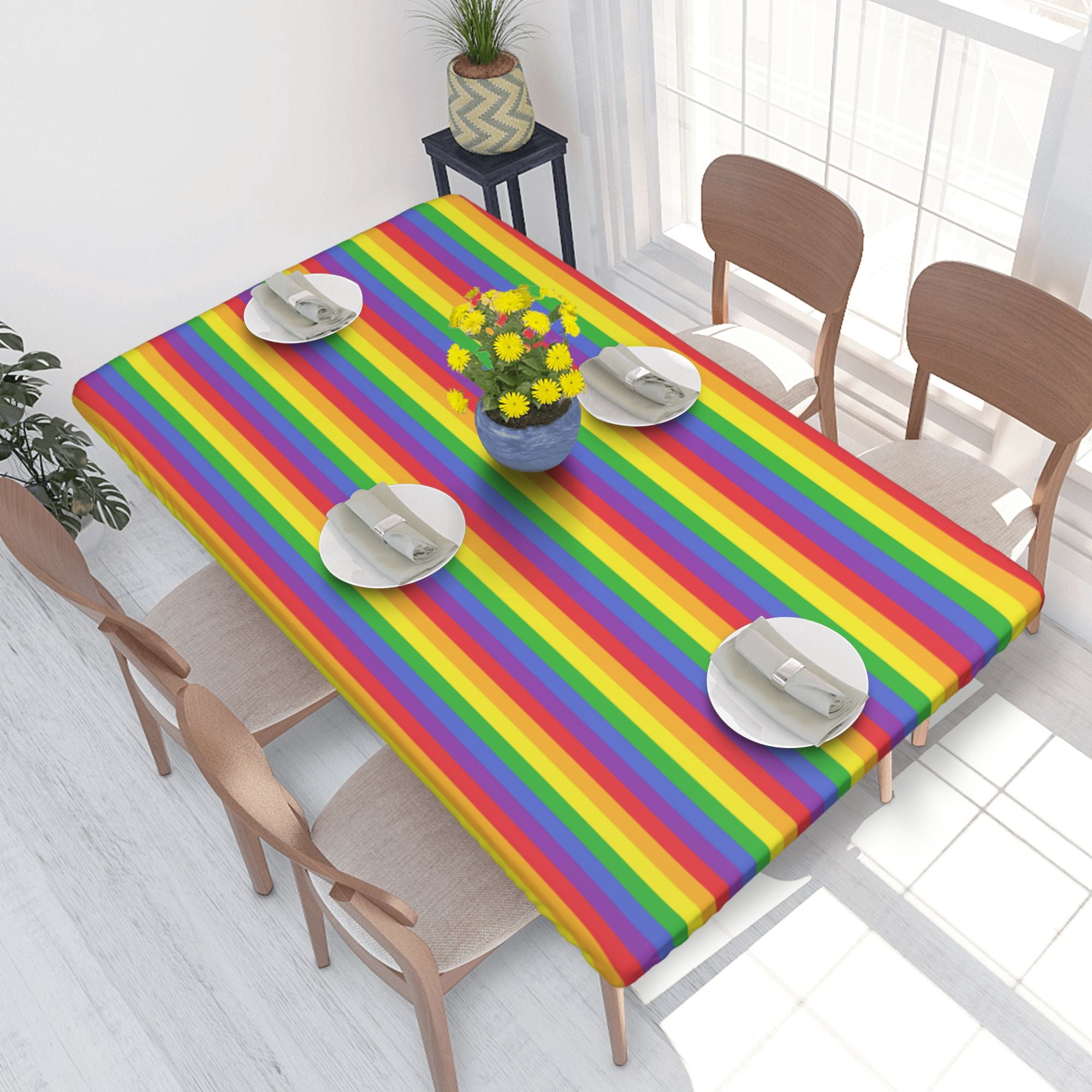 Home Deluxe Tablecloth Colorful Rainbow Line Picture Waterproof Elastic ...