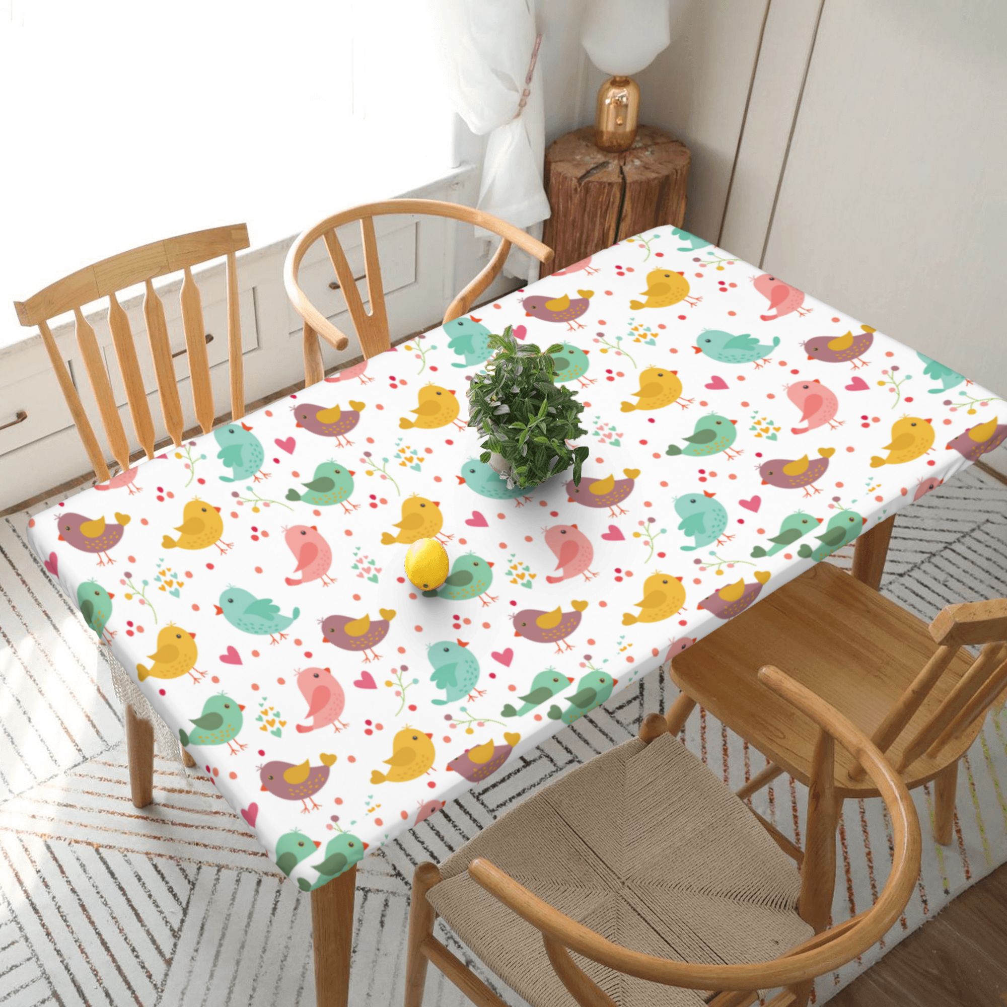 Home Deluxe Tablecloth Cute Bird Wallpaper Waterproof Elastic Rim Edged ...