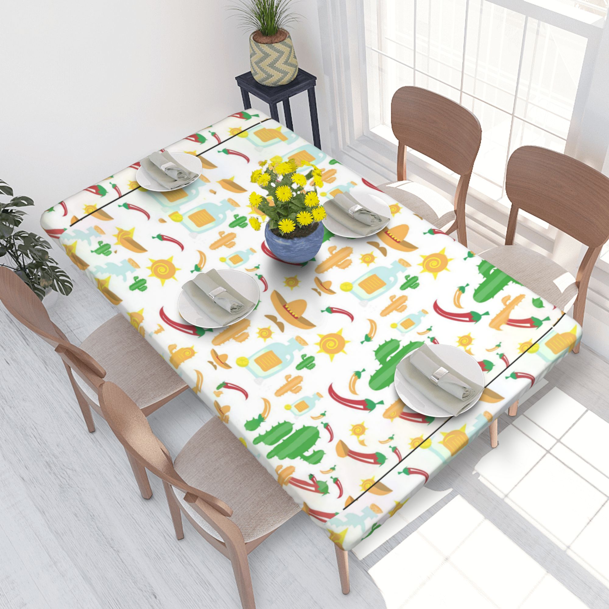 Home Deluxe Tablecloth Cute Cactus Mexican Vector Graphics Waterproof ...
