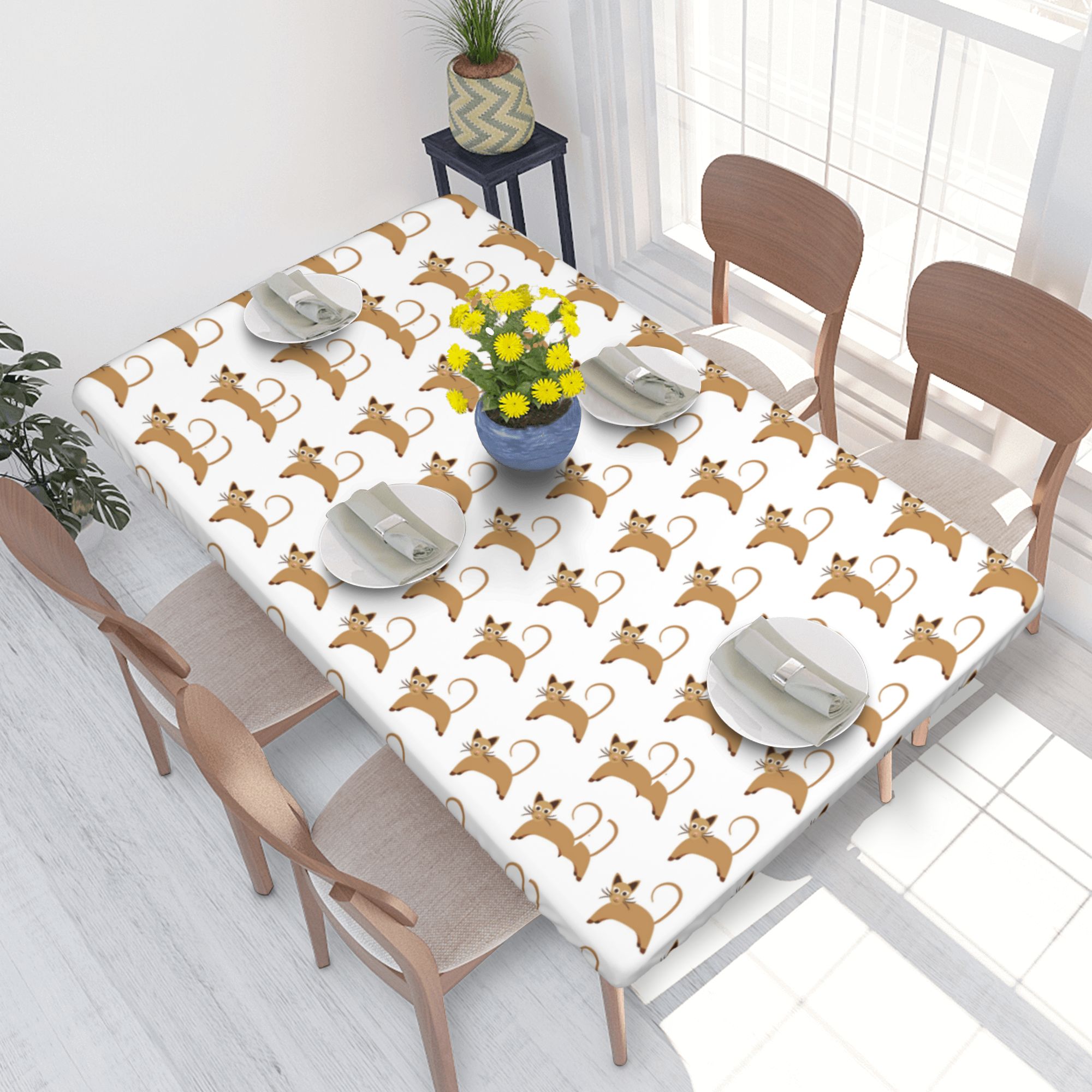 Home Deluxe Tablecloth Cute Cat Wallpaper Waterproof Elastic Rim Edged ...