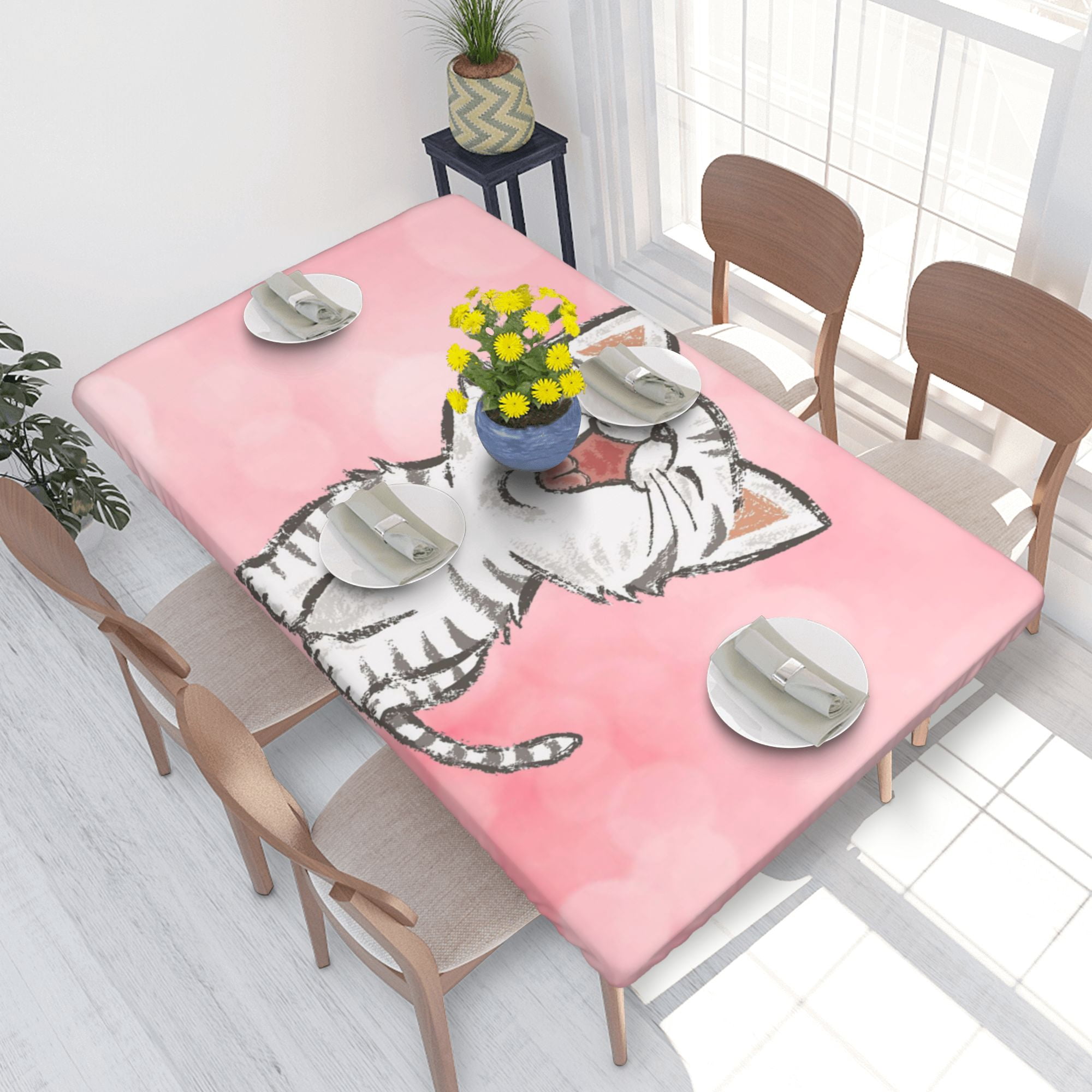 Home Deluxe Tablecloth Cute Cat Waterproof Elastic Rim Edged Table ...