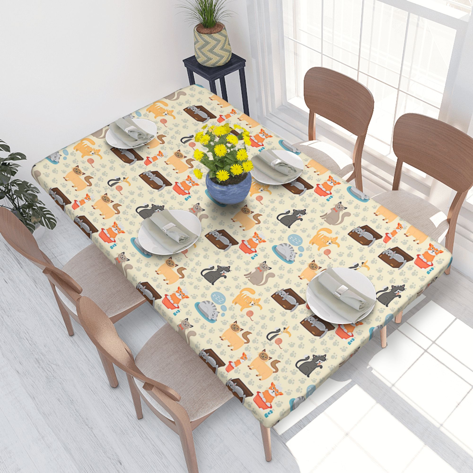 Home Deluxe Tablecloth Cute Cats Play Box Waterproof Elastic Rim Edged ...