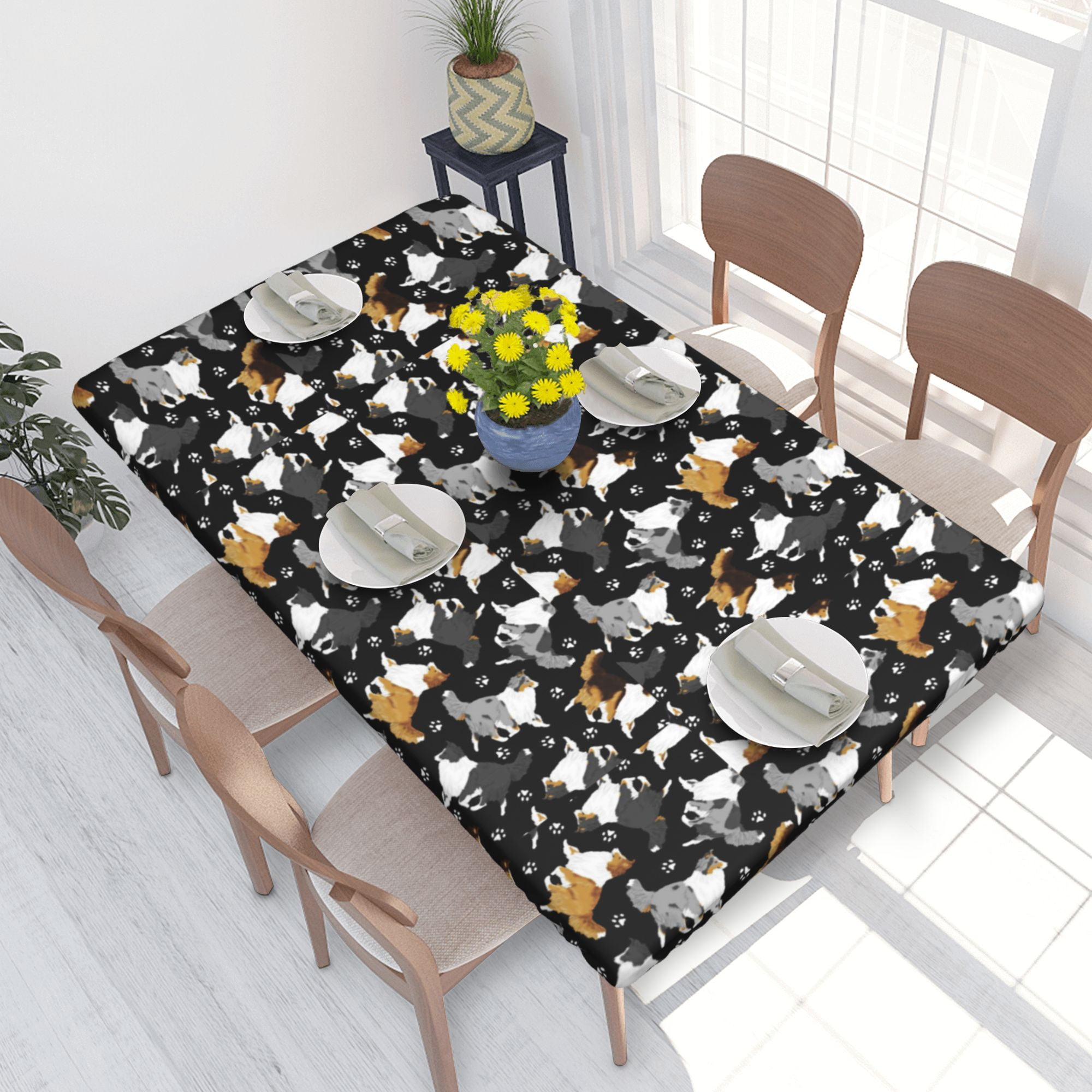Home Deluxe Tablecloth Cute Dog Paw Prints Black Background-Cute Dog ...