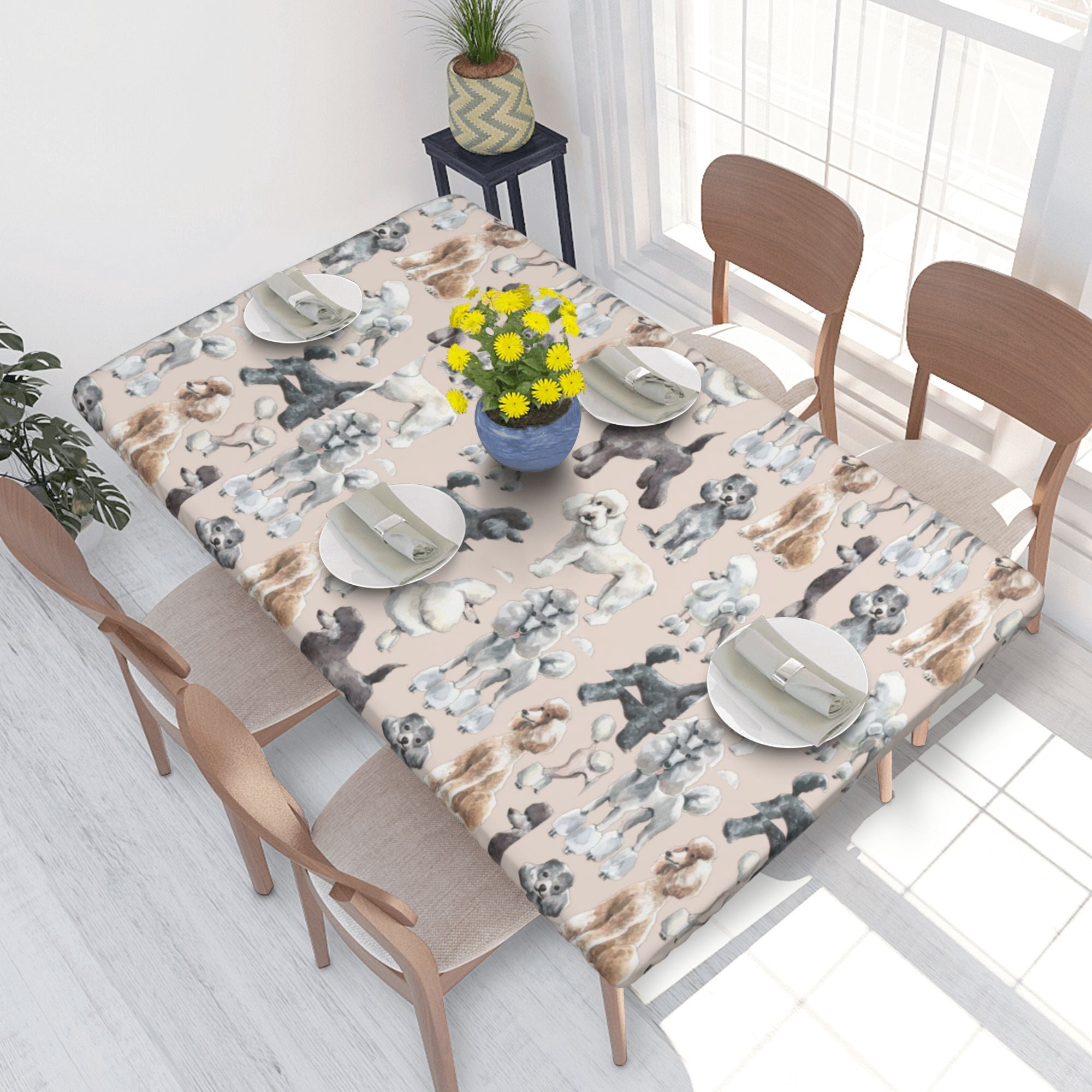 Home Deluxe Tablecloth Cute Dog White Black Poodle Waterproof Elastic ...