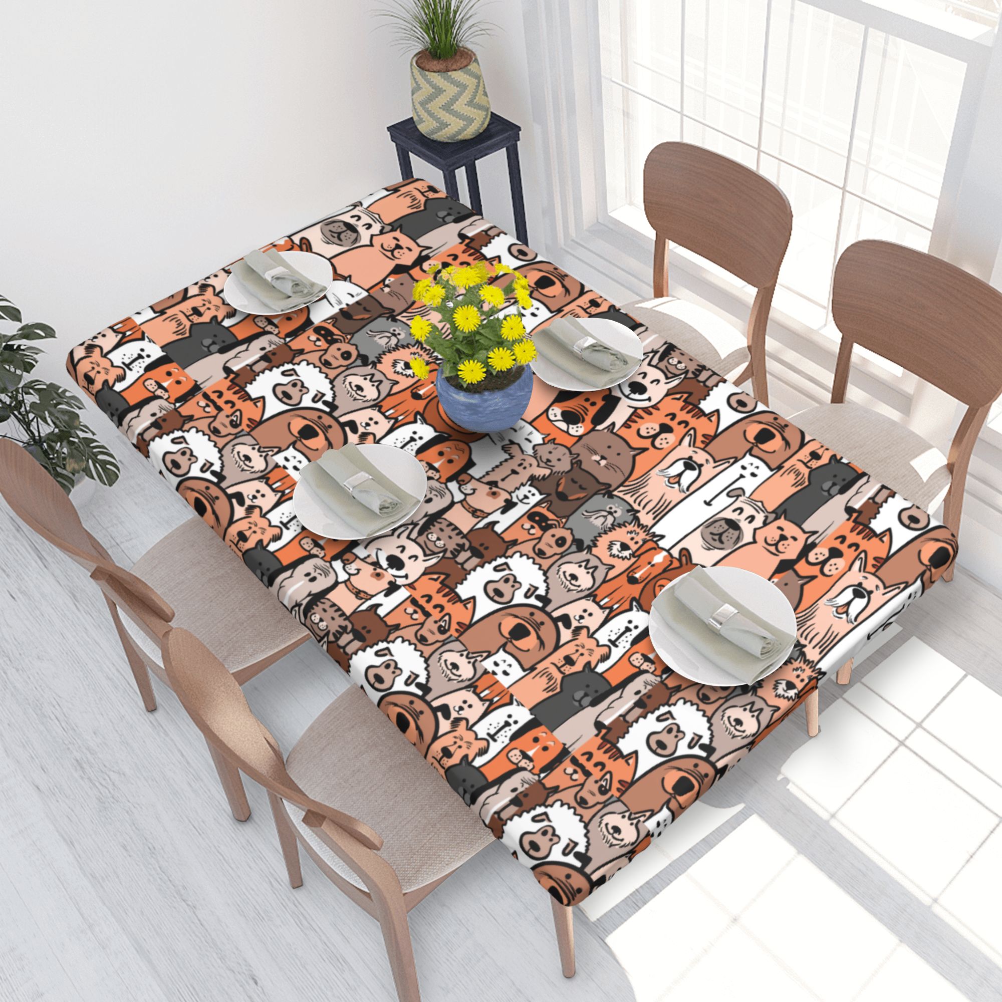 Home Deluxe Tablecloth Cute Dogs And Cats Print Waterproof Elastic Rim ...