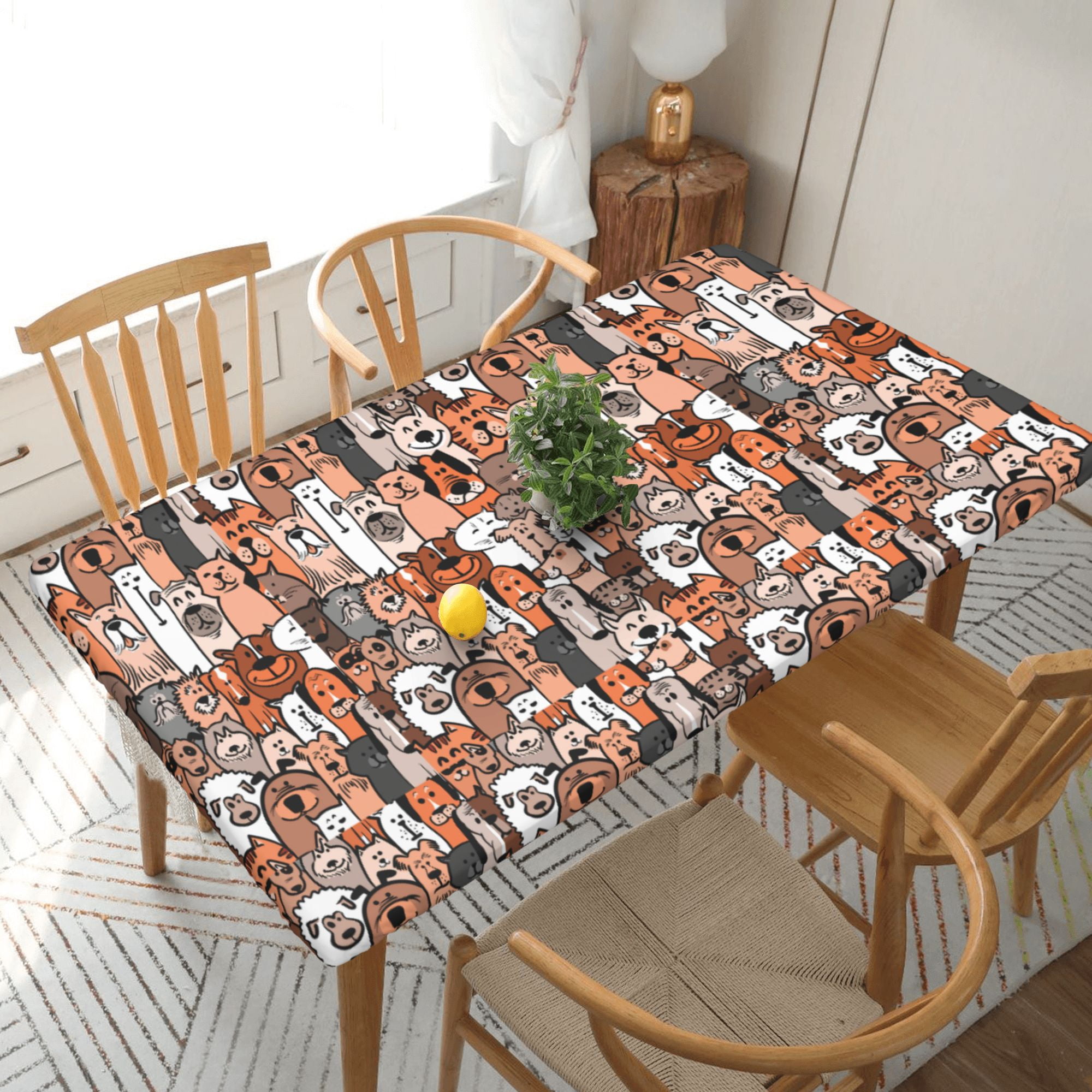 Home Deluxe Tablecloth Cute Dogs And Cats Print Waterproof Elastic Rim ...