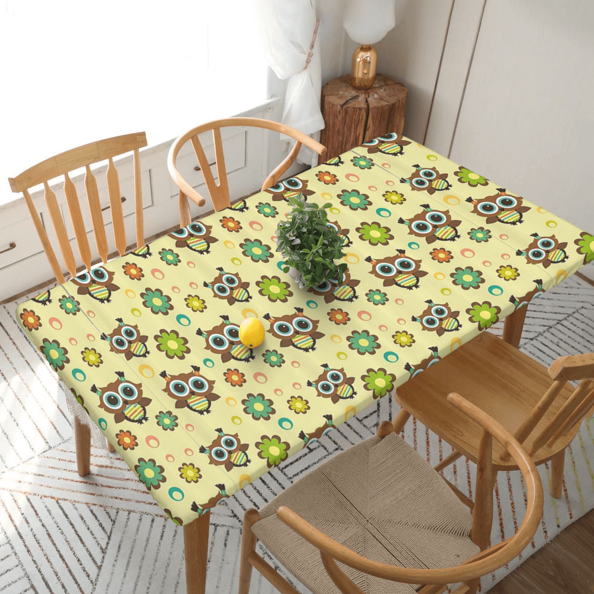 Home Deluxe Tablecloth Cute Owls With Flowers Waterproof Elastic Rim ...