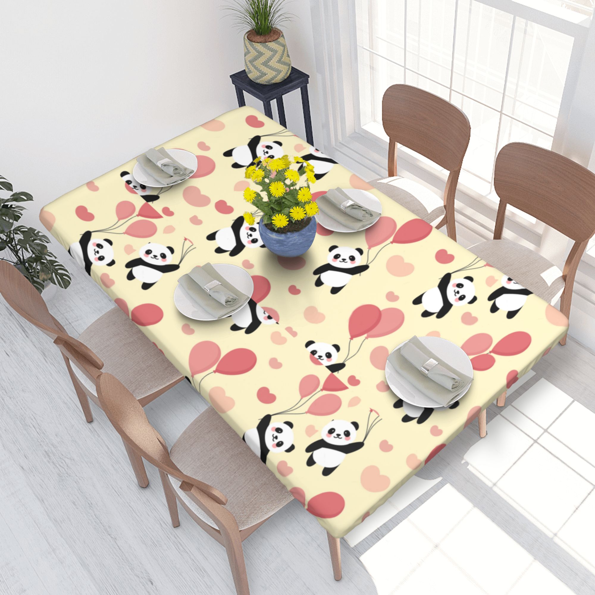 Home Deluxe Tablecloth Cute Panda Flying With Pink Ballon Waterproof ...