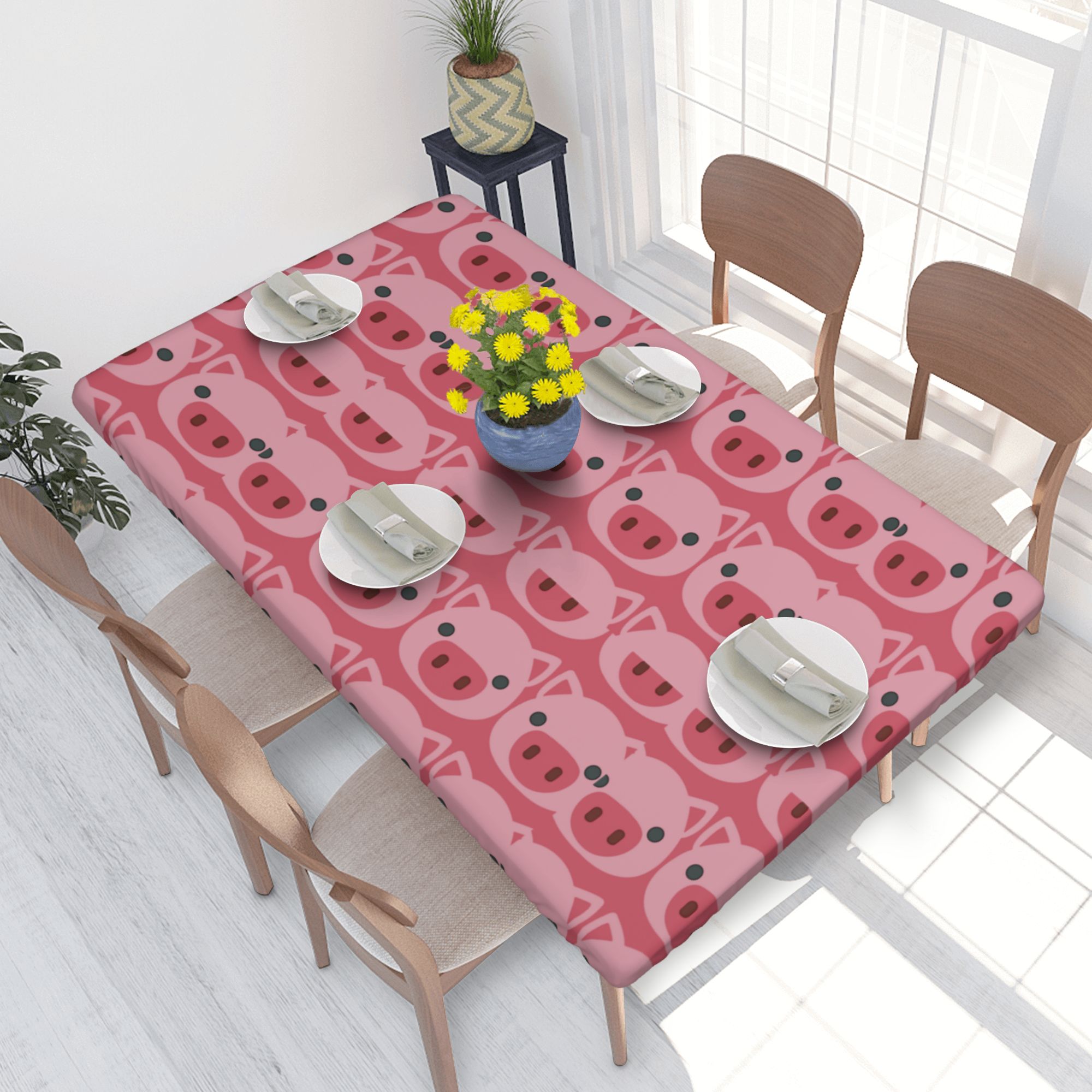Home Deluxe Tablecloth Cute Piggy Face Waterproof Elastic Rim Edged ...