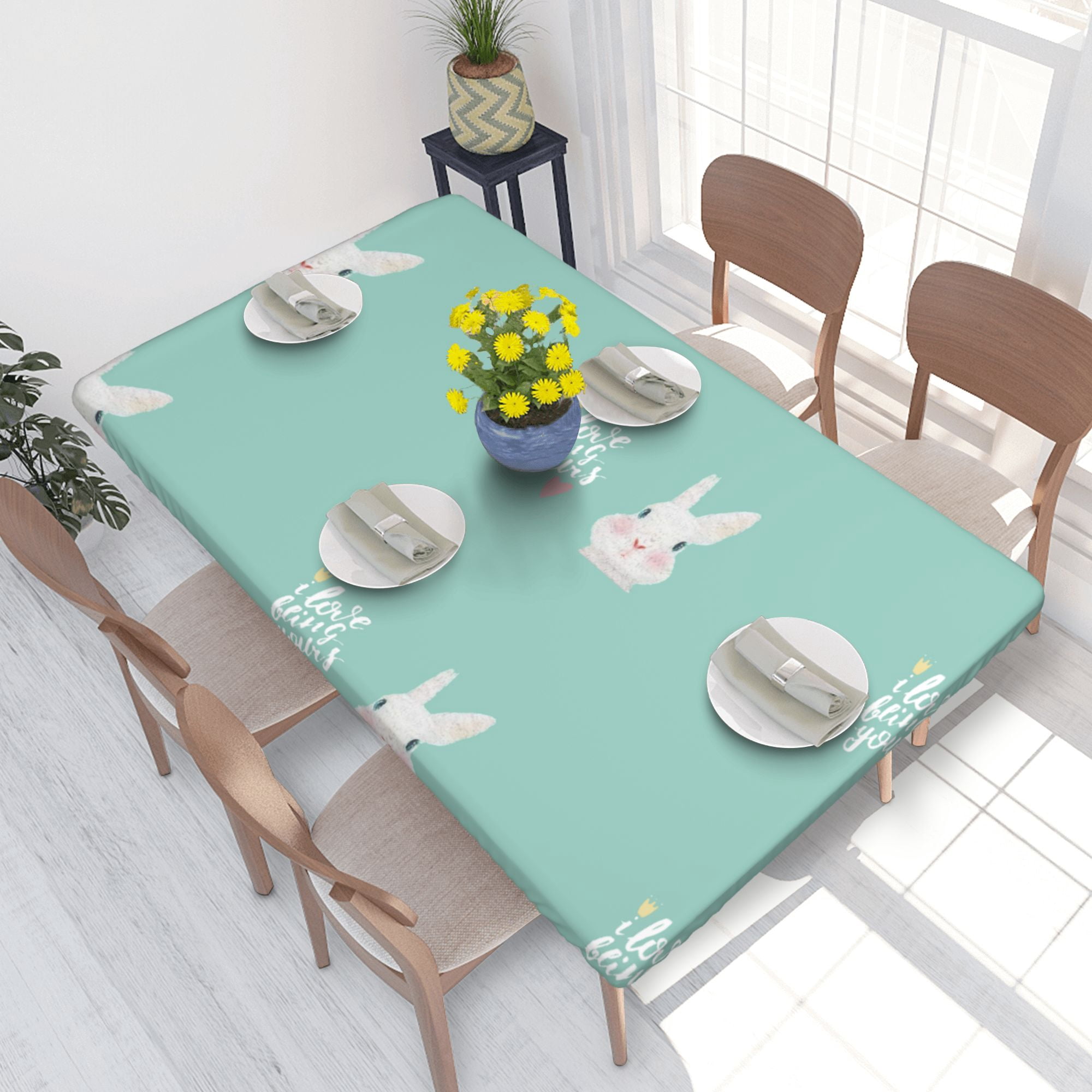 Home Deluxe Tablecloth Cute Rabbit Waterproof Elastic Rim Edged Table ...