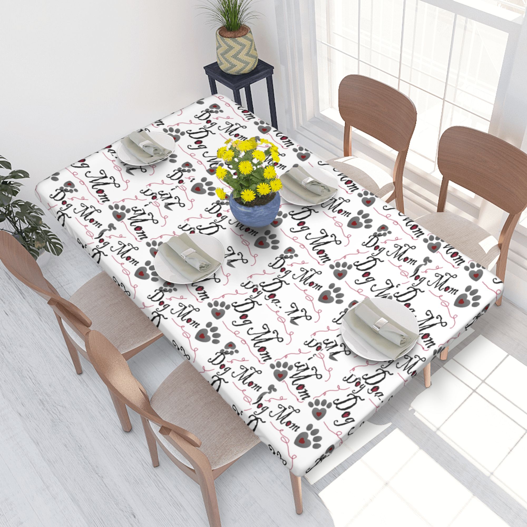 Home Deluxe Tablecloth Dog Mom Paw Prints And Hearts Waterproof Elastic ...