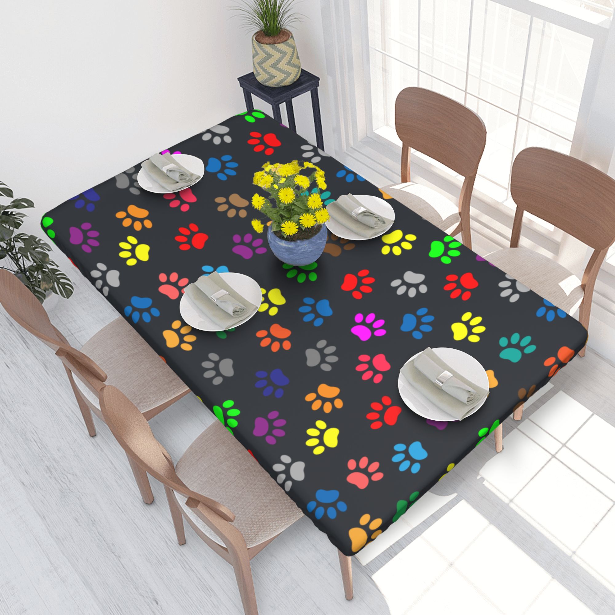 Home Deluxe Tablecloth Dog Paw Animals Waterproof Elastic Rim Edged ...