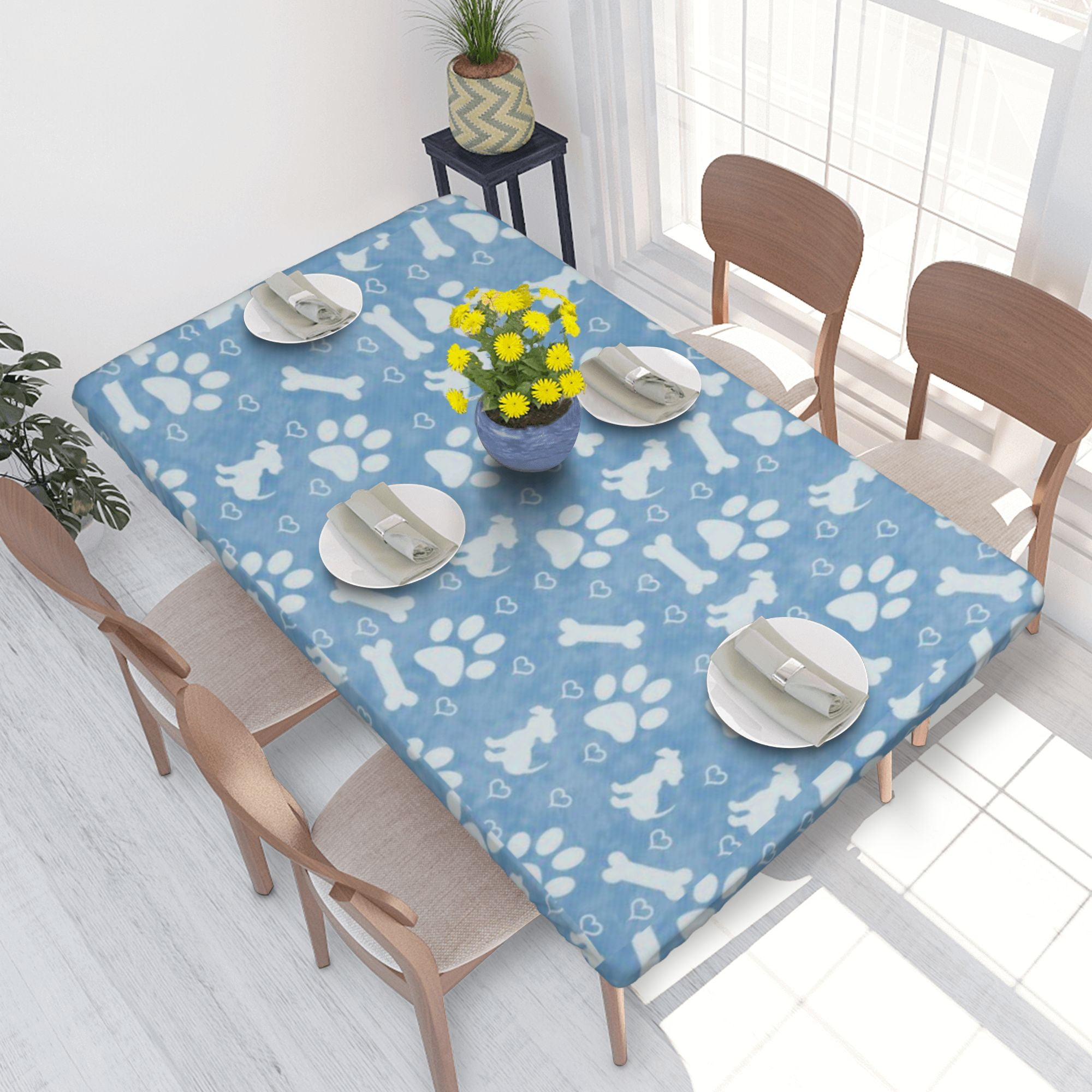 Home Deluxe Tablecloth Dog Paw Print Puppy Bone Waterproof Elastic Rim ...