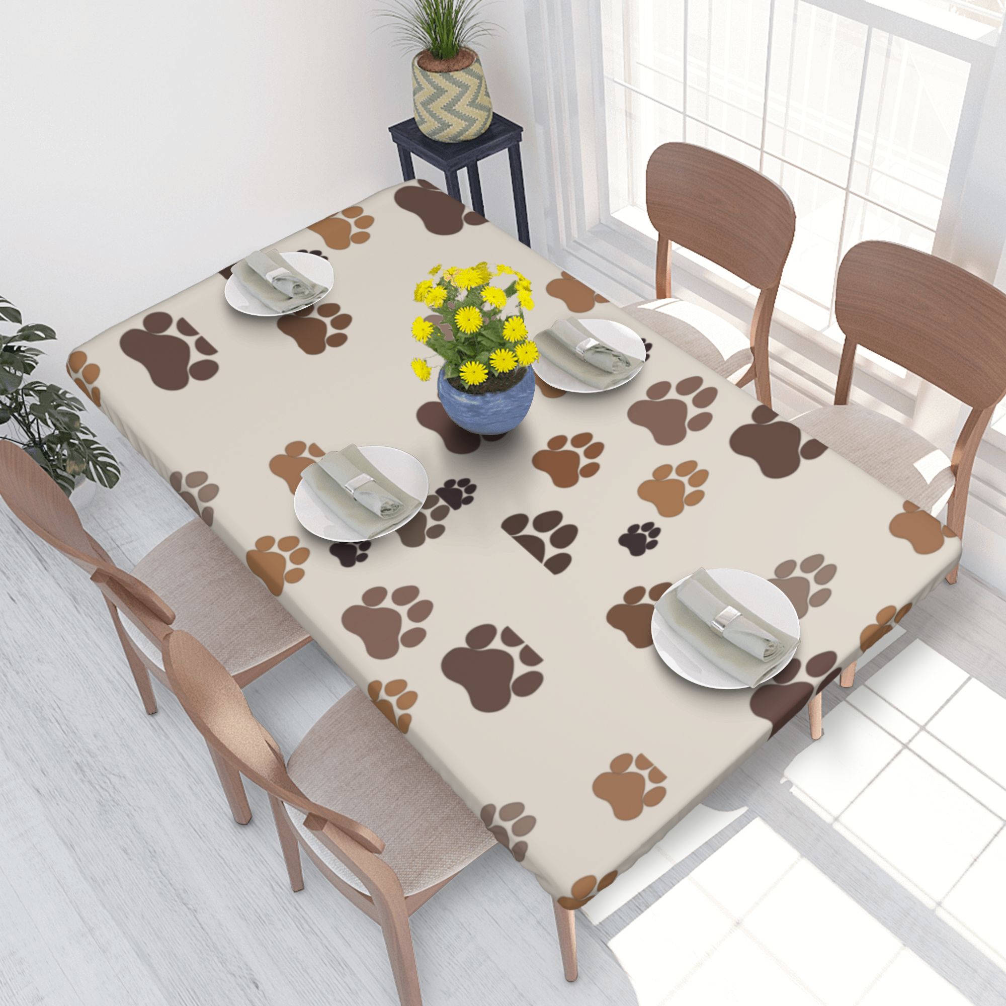 Home Deluxe Tablecloth Dog Paw Print Waterproof Elastic Rim Edged Table ...