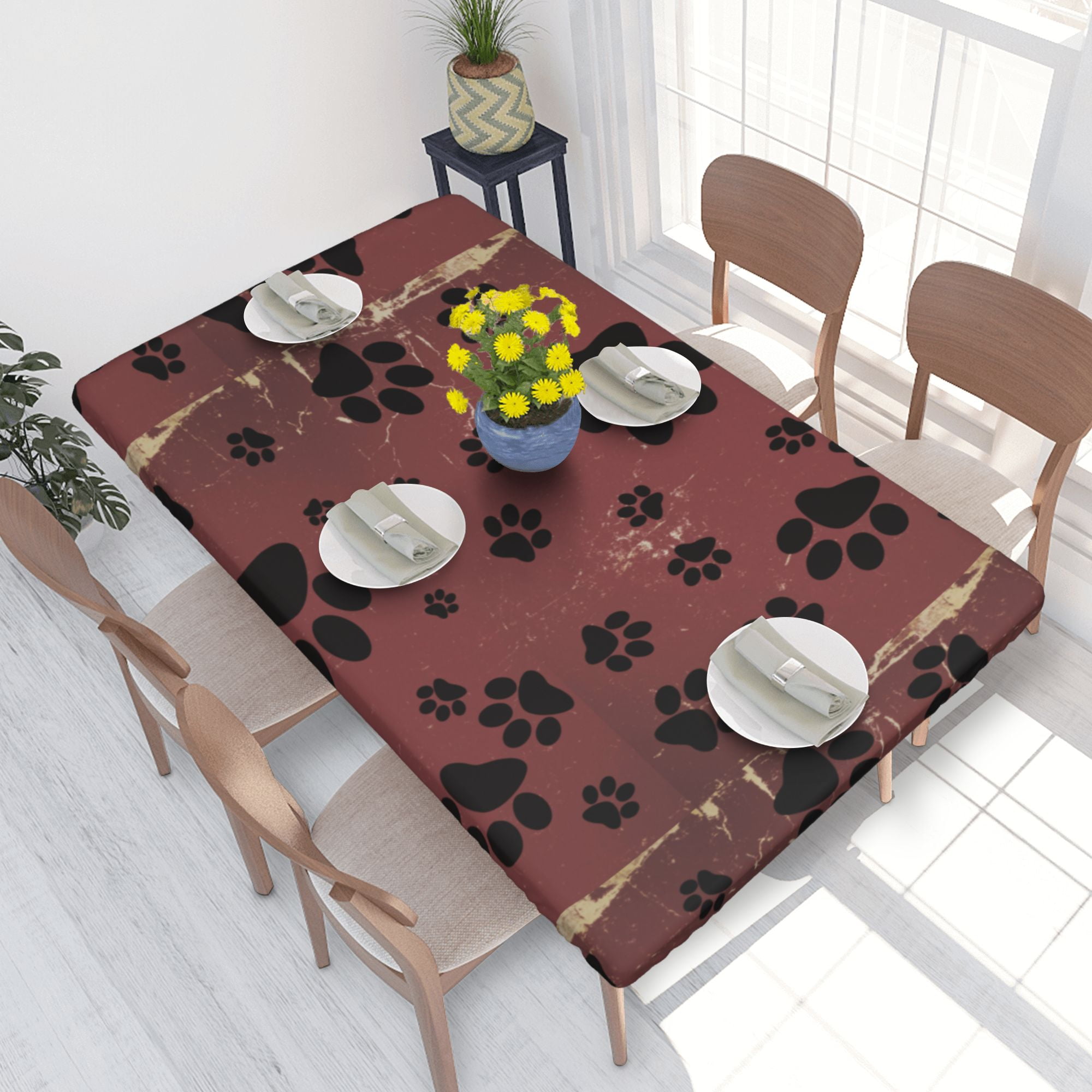 Home Deluxe Tablecloth Dog Paw Waterproof Elastic Rim Edged Table Cover ...