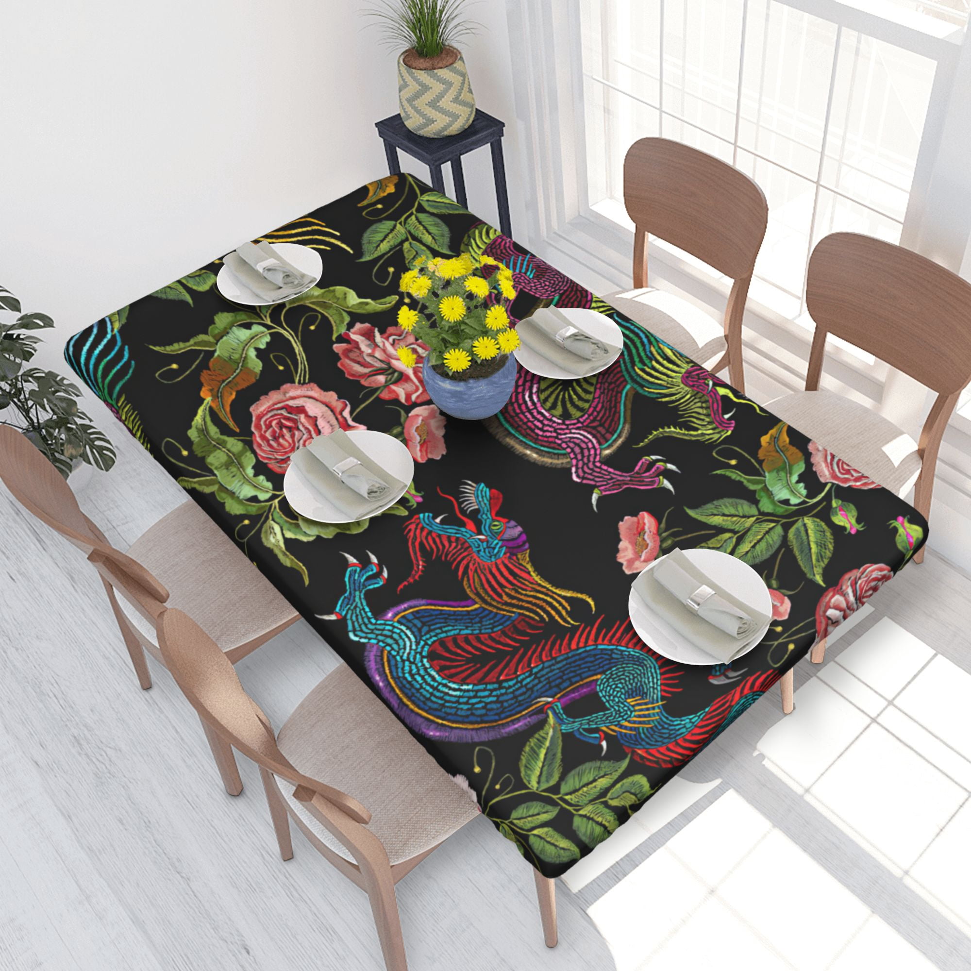 Home Deluxe Tablecloth Dragon Flowers Peonies Pattern Waterproof ...